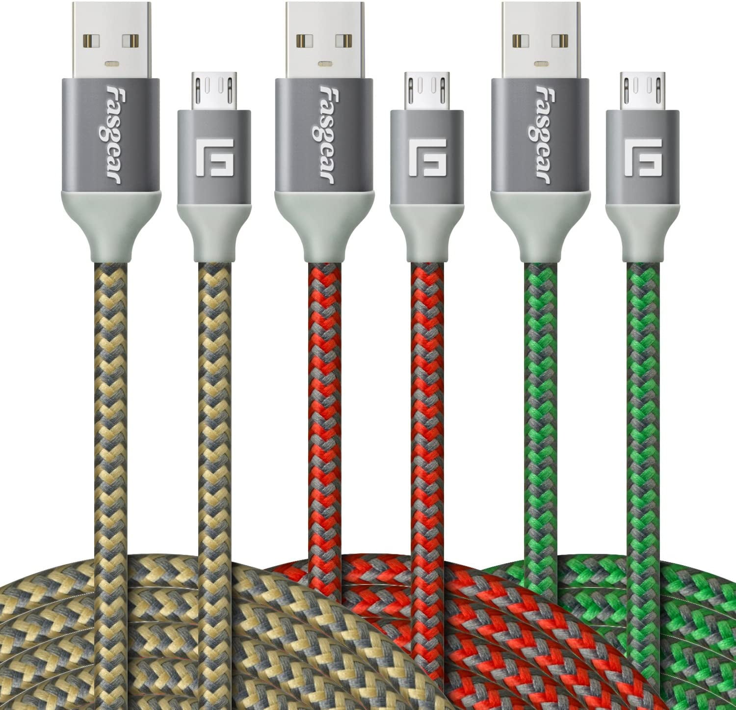 Micro USB Cable 10ft,Fasgear 3 Pack Fast Charging Nylon Braided Android ...