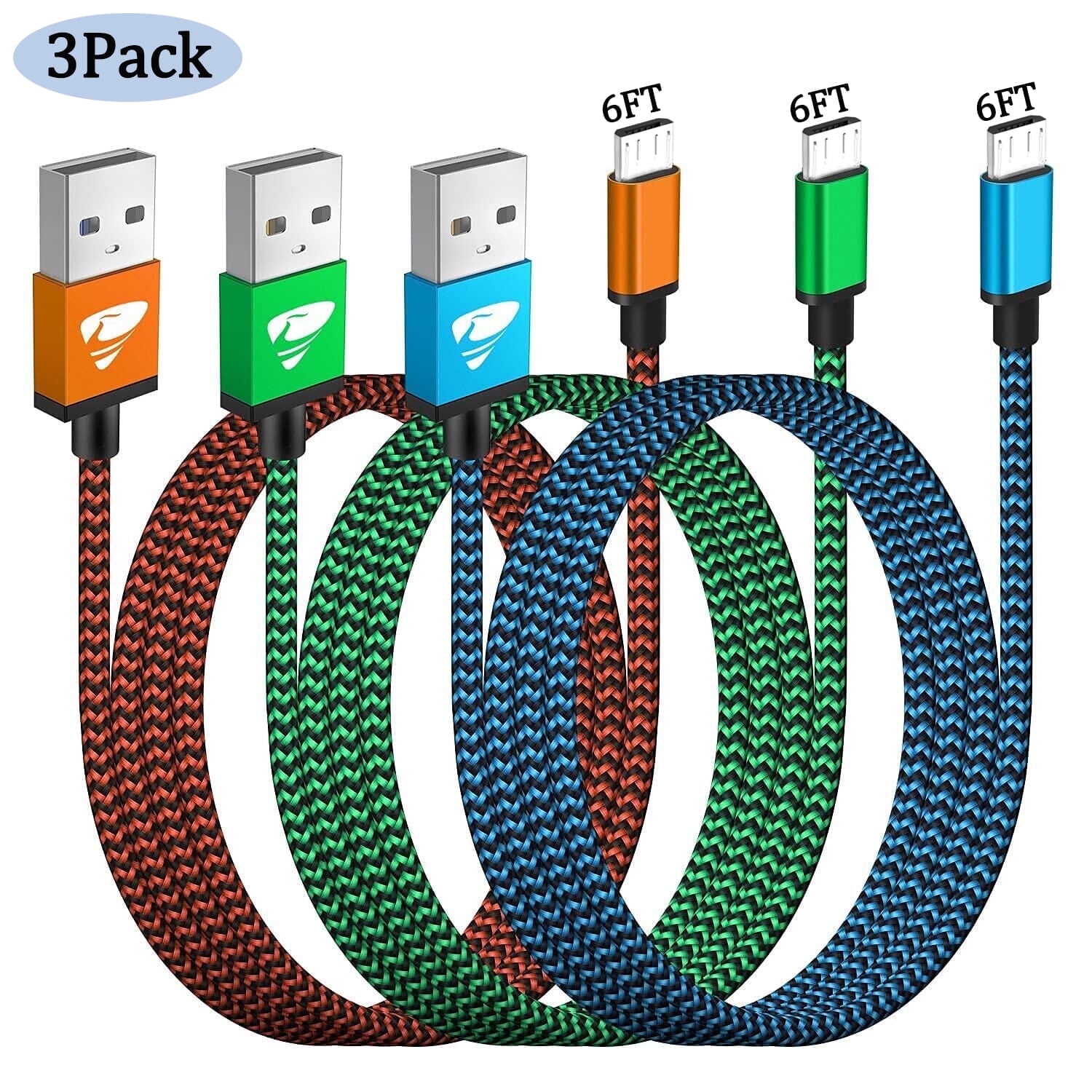 Aioneus 6ft Micro USB Cable 3 Pack, Rapid High Speed Android Charger ...
