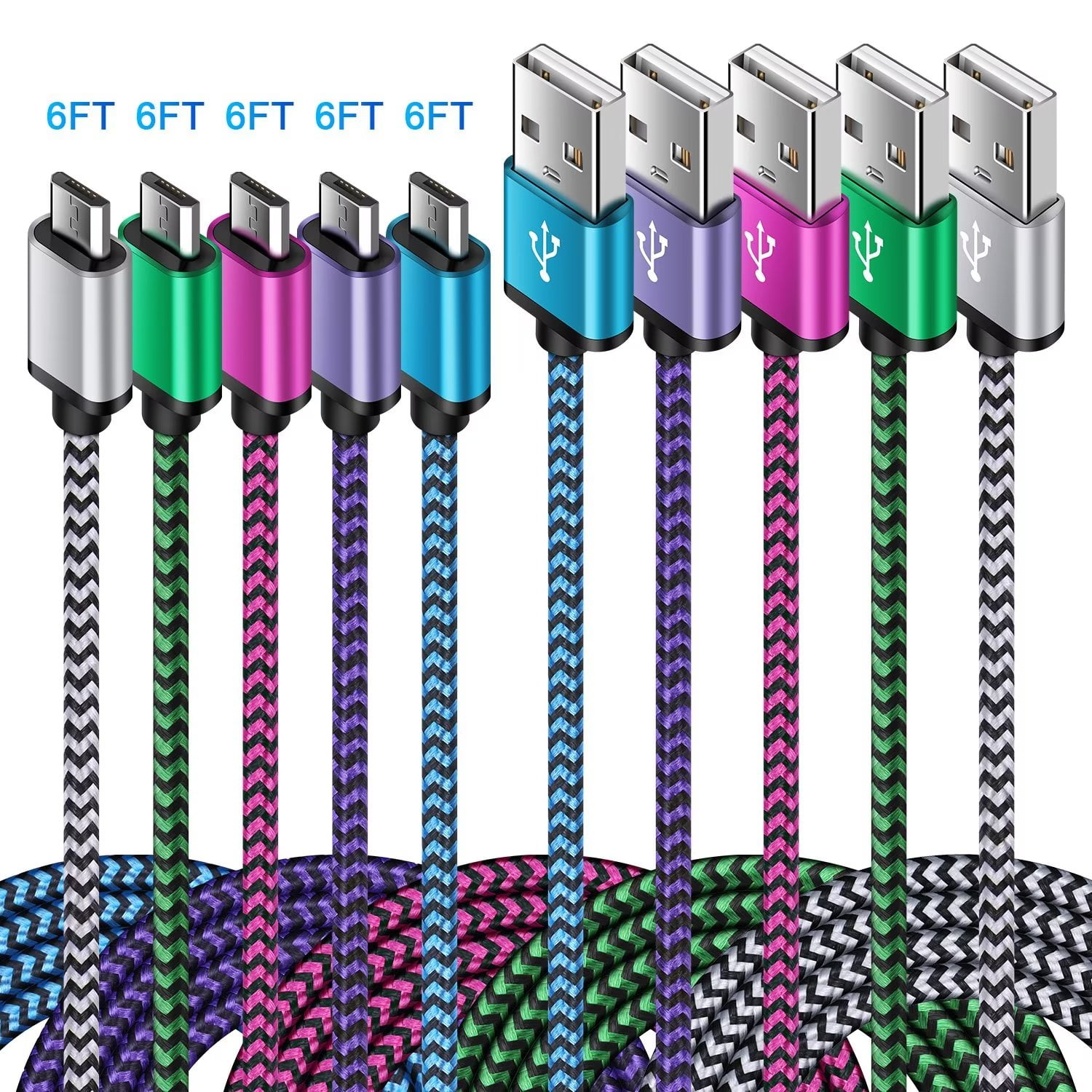 FiveBox 6ft Extra Long Micro USB Cable 5-Pack, Nylon Braided Android ...