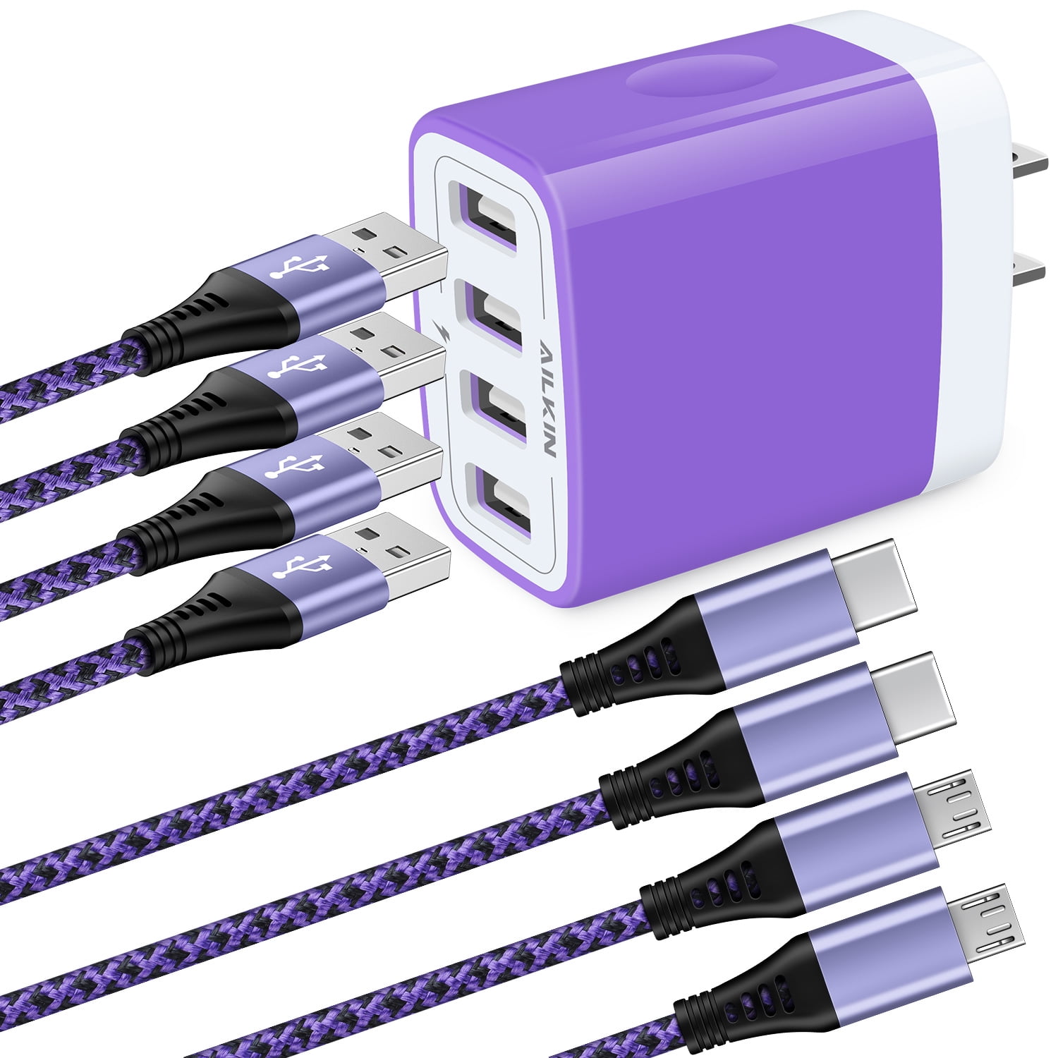 Micro USB Cable 6ft,Ailkin 2PACK USB Micro Cable with 4.8A USB Wall ...