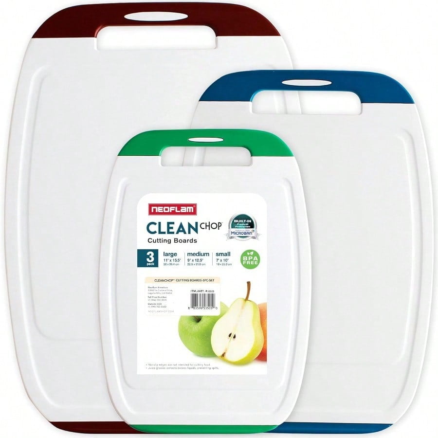 Microban Antimicrobial Plastic Cutting Board 3 Sets NonSlip EZ Grip ...