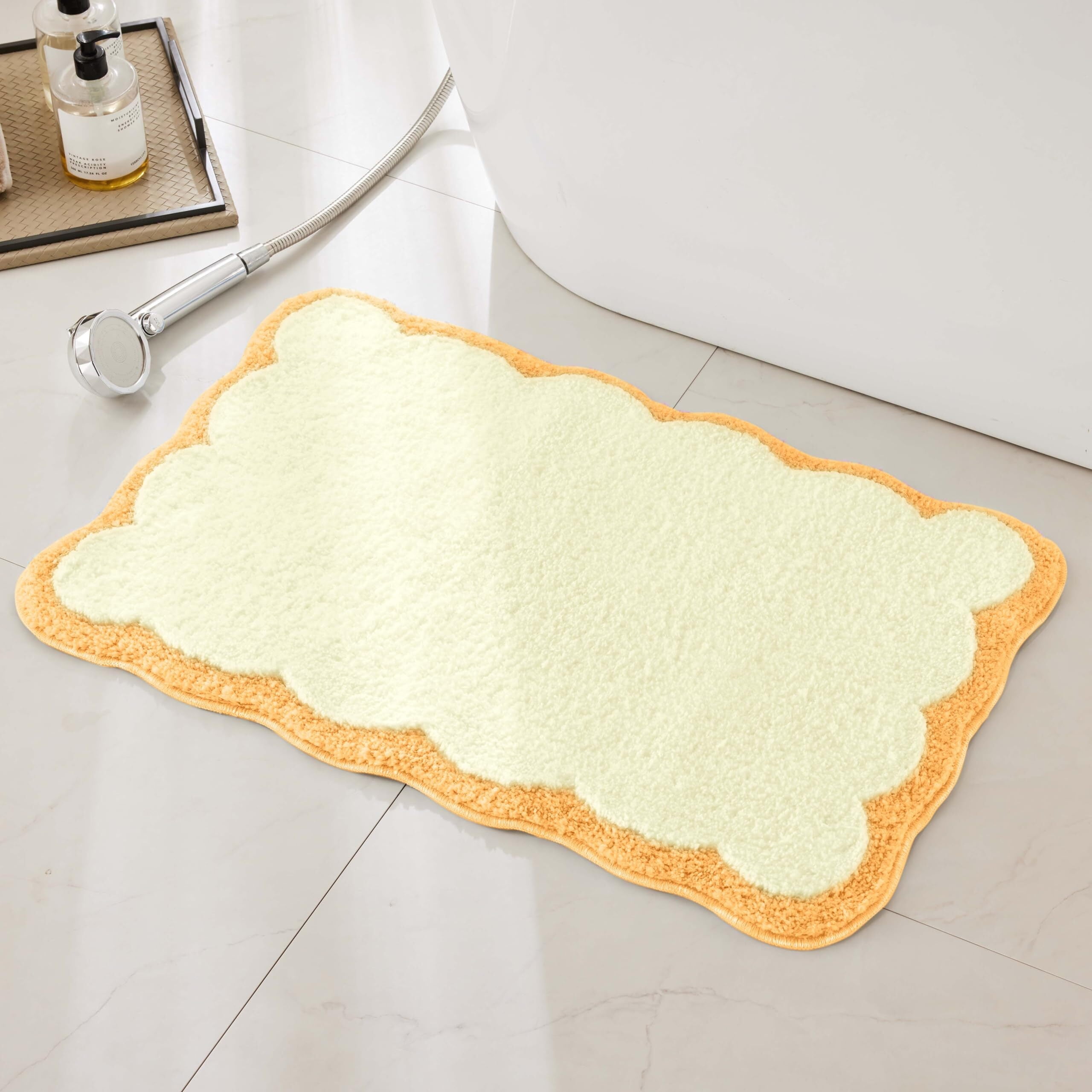 Microfiber Bathroom Rugs, White Bath Rug with Blue Scalloped Piping ...