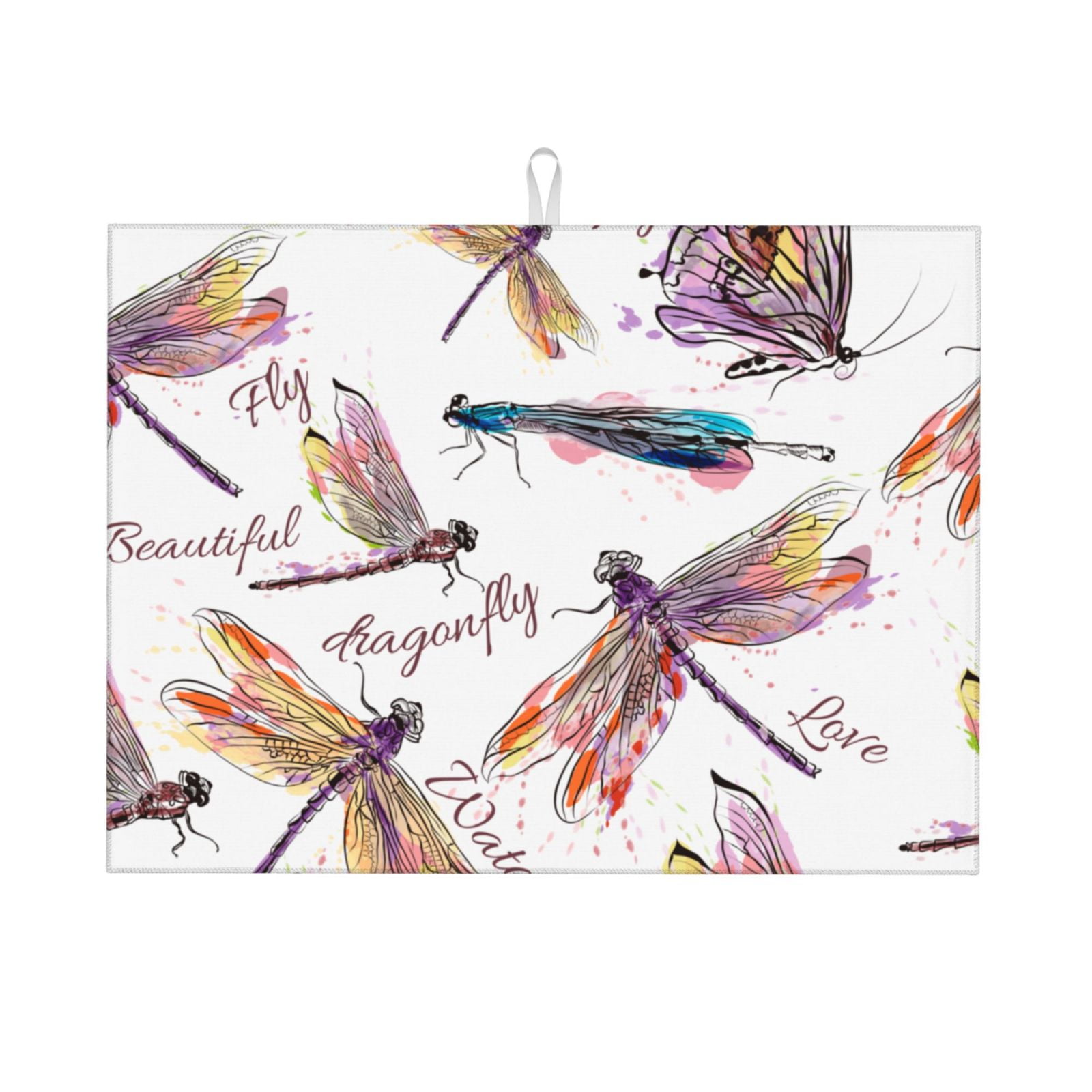 Microfiber Dish Drying Mat, Dragonfly Butterfly Watercolor Dish Drying ...