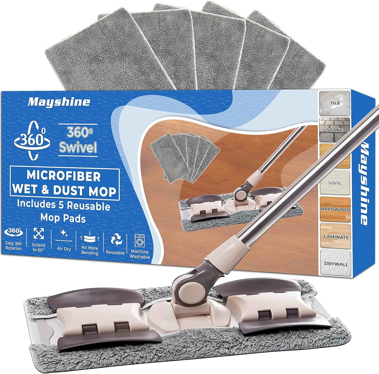 Microfiber Hardwood Floor Wet and Dry Dust Mop w/ 5 Reusable Pads, 360 ...