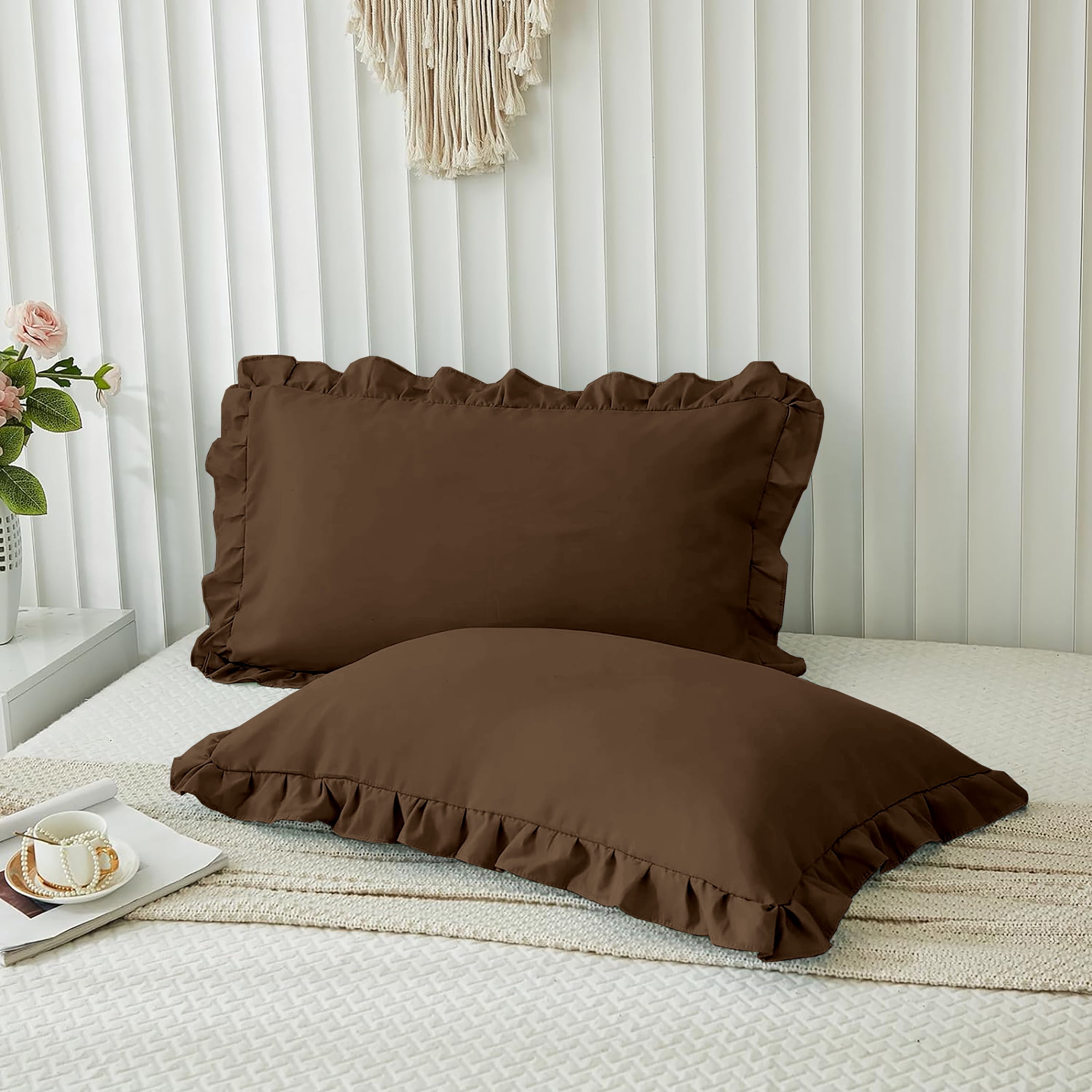 Grace Linen Ruffle Pillow Shams Queen Size Set of 2, 20X30 - Microfiber ...
