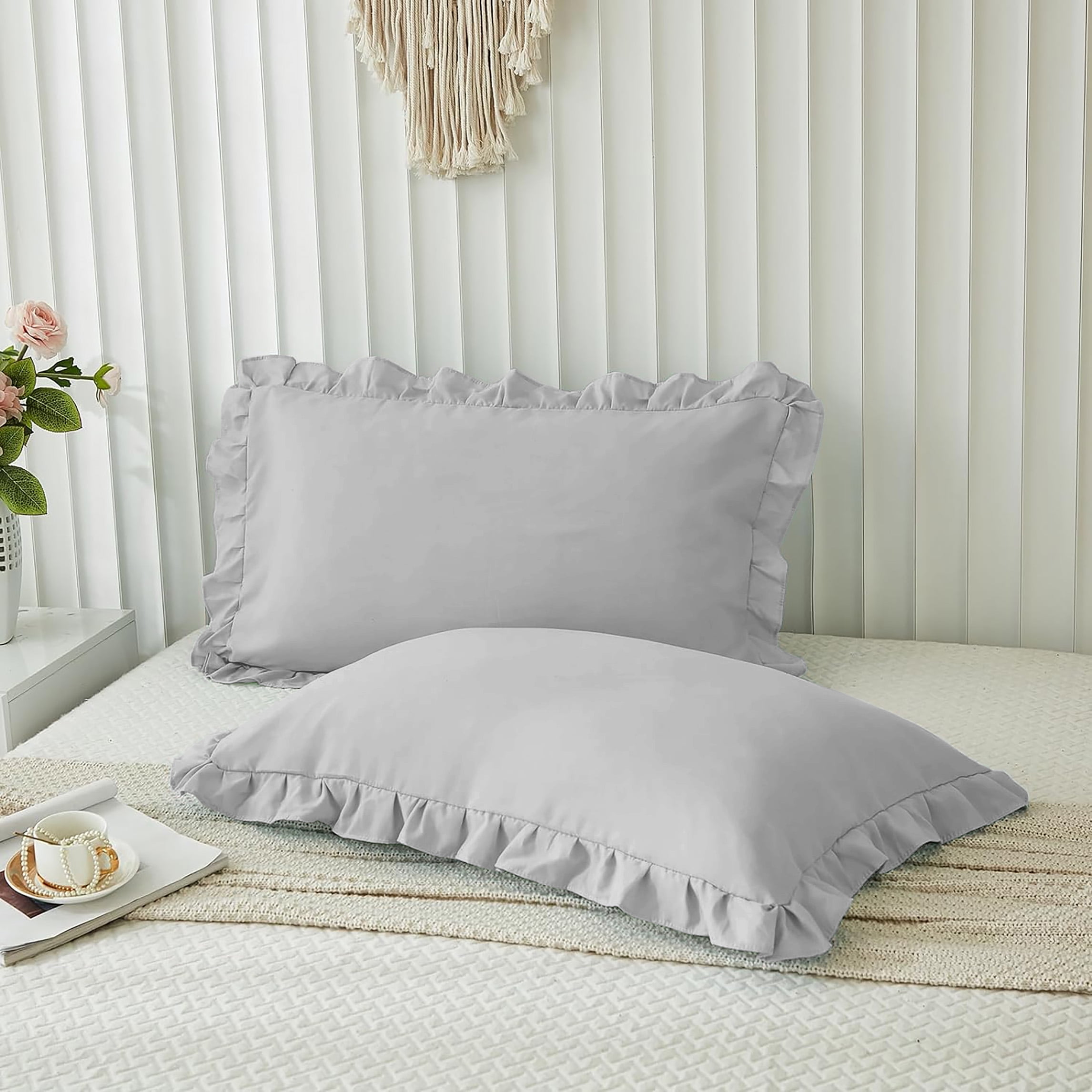 Grace Linen Ruffle Pillow Shams Standard King Size Set of 2, 20X36 ...
