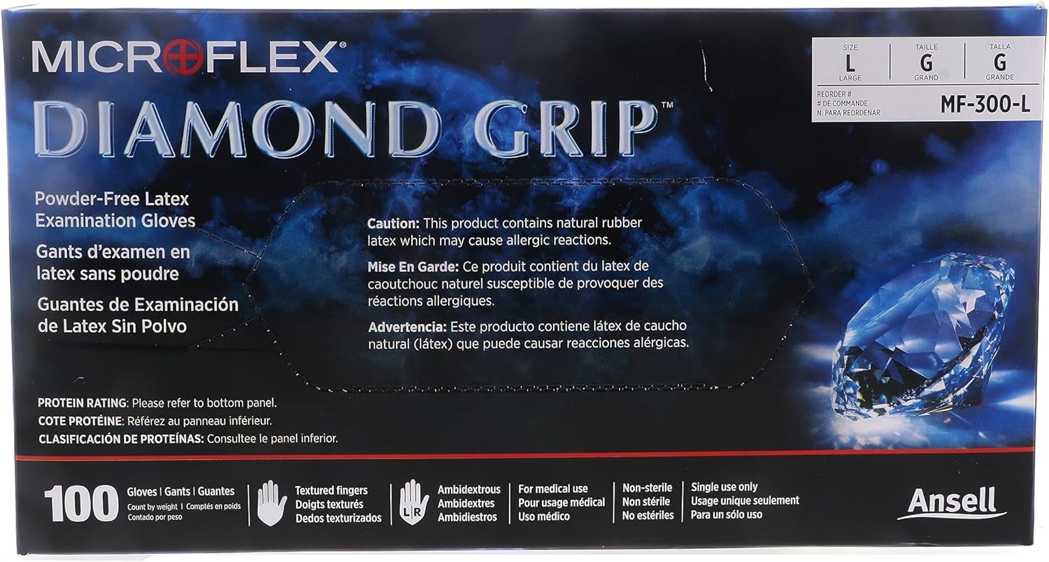 Microflex MF300L Diamond Grip Latex, Powder-Free Gloves, Box of 100 ...