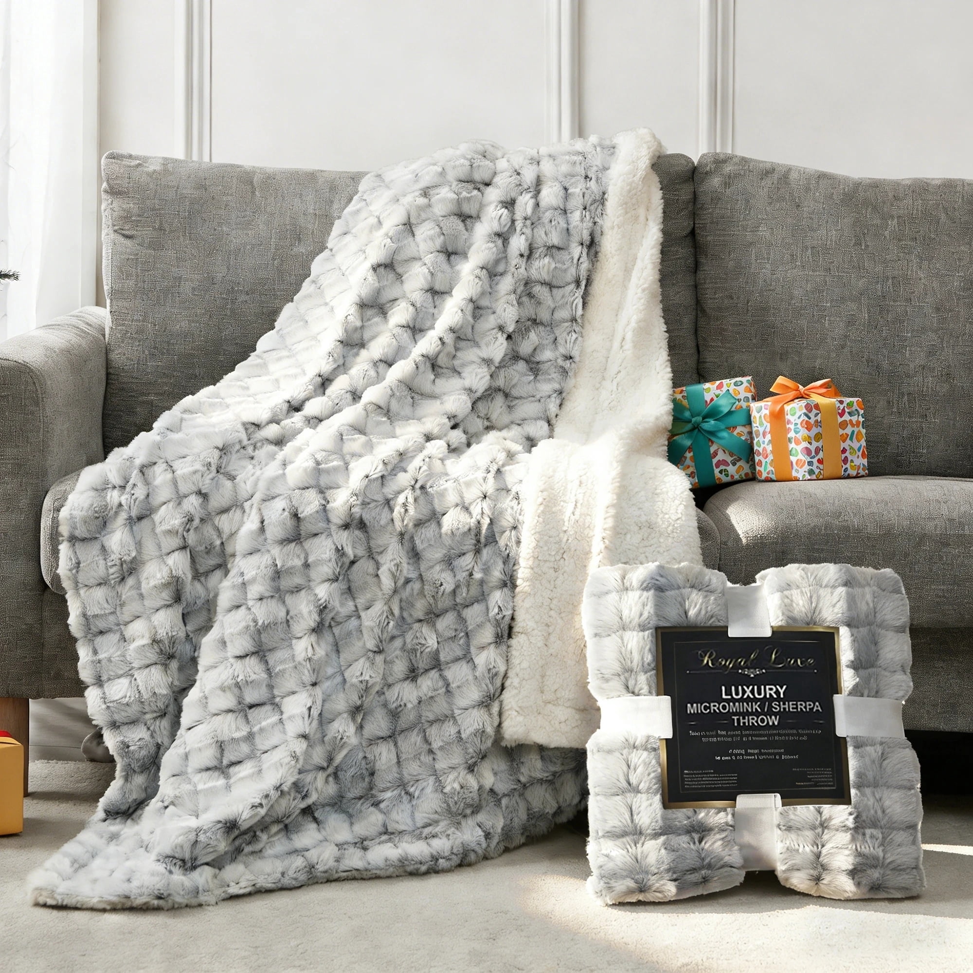 Micromink Sherpa Reversible Throw Blanket, Soft Fluffy Plush Blanket ...