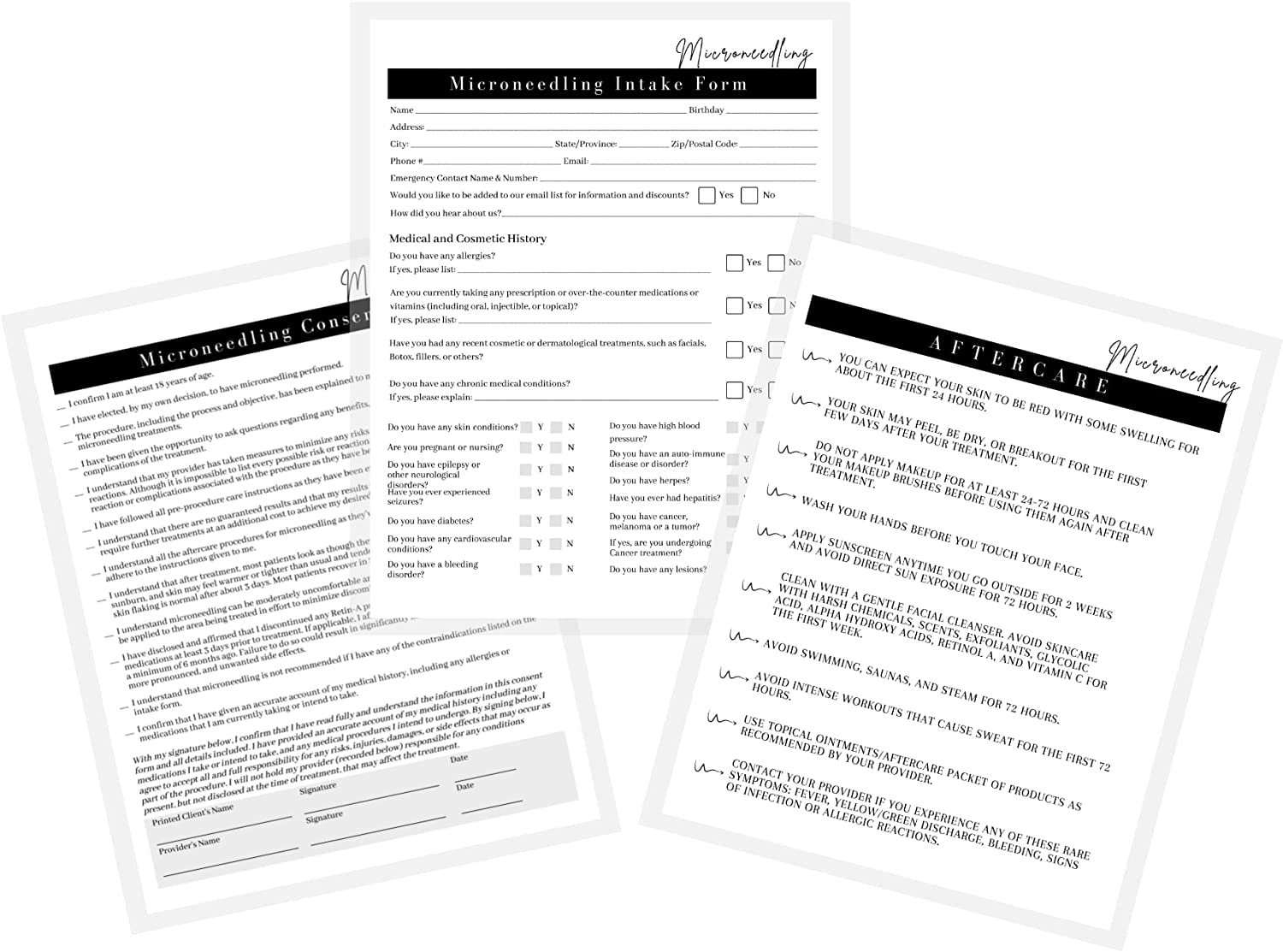 Microneedling Intake Forms, Consent, Aftercare Instructions 75pk 25 of ...