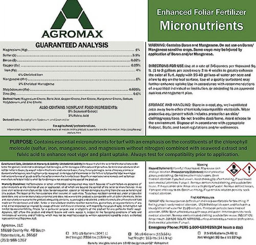 Micronutrients (2.5 Gallons) by AGROMAX - Liquid Fertilizer (Plant Fertilizer, Turf and Lawn ...