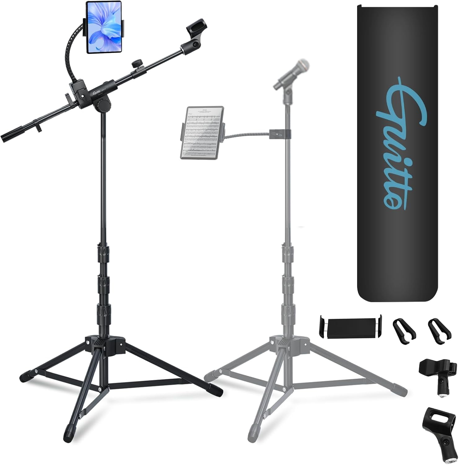 Microphone Floor Stand with Phone/Tablet Holder, Adjustable Boom Mic ...