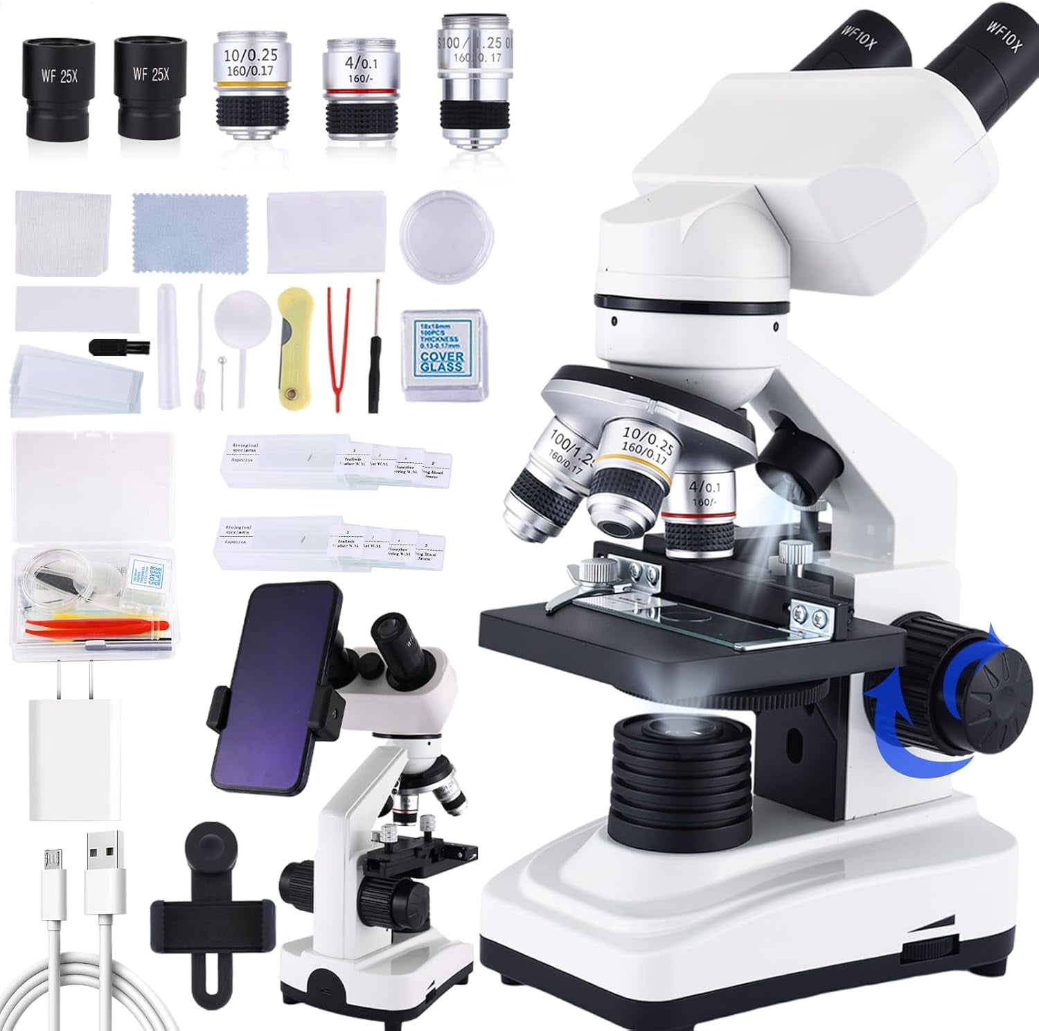 Microscope Magnification 40X-2500X WF25x Eyepieces, Dual LED Illumination, Microscope for Adults ...