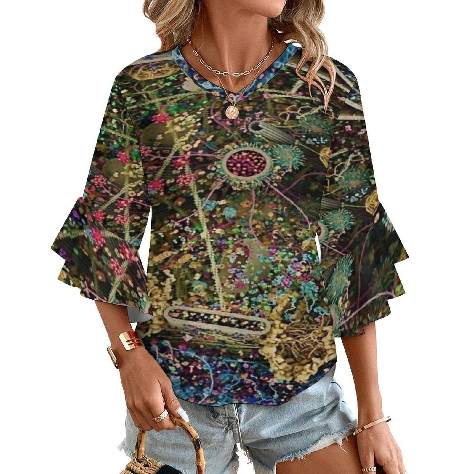 Microscopic Organisms Cell Structure Cell Women's V-Neck Blouse With 3/ ...