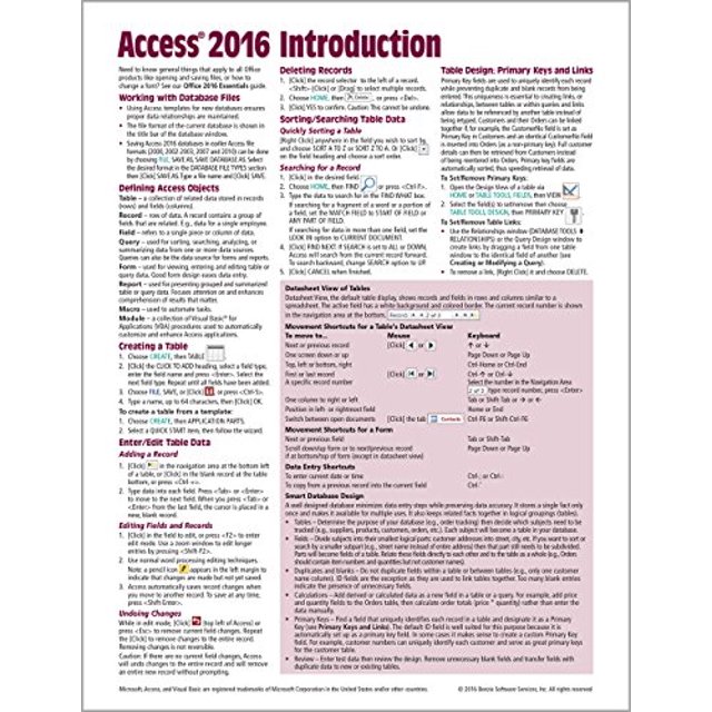 Pre Owned Microsoft Access 2016 Introduction Quick Reference Guide
