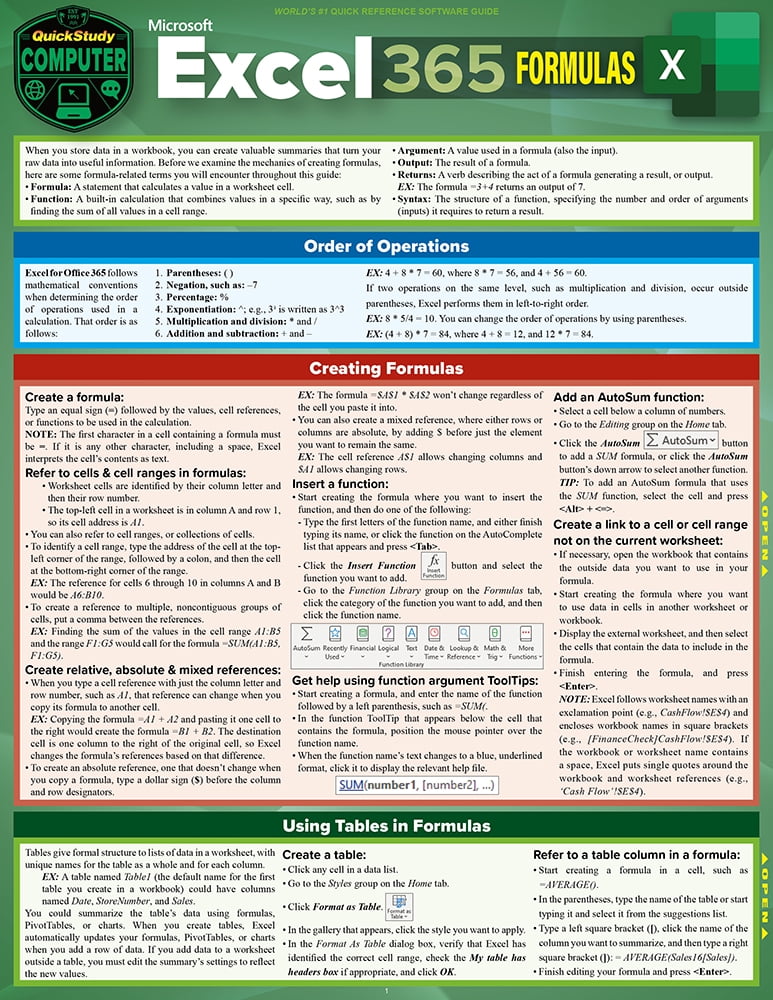 Microsoft Excel 365 Formulas : a QuickStudy Laminated Reference Guide ...
