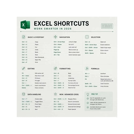Microsoft Excel Shortcuts Quick Reference Poster Essential Productivity ...