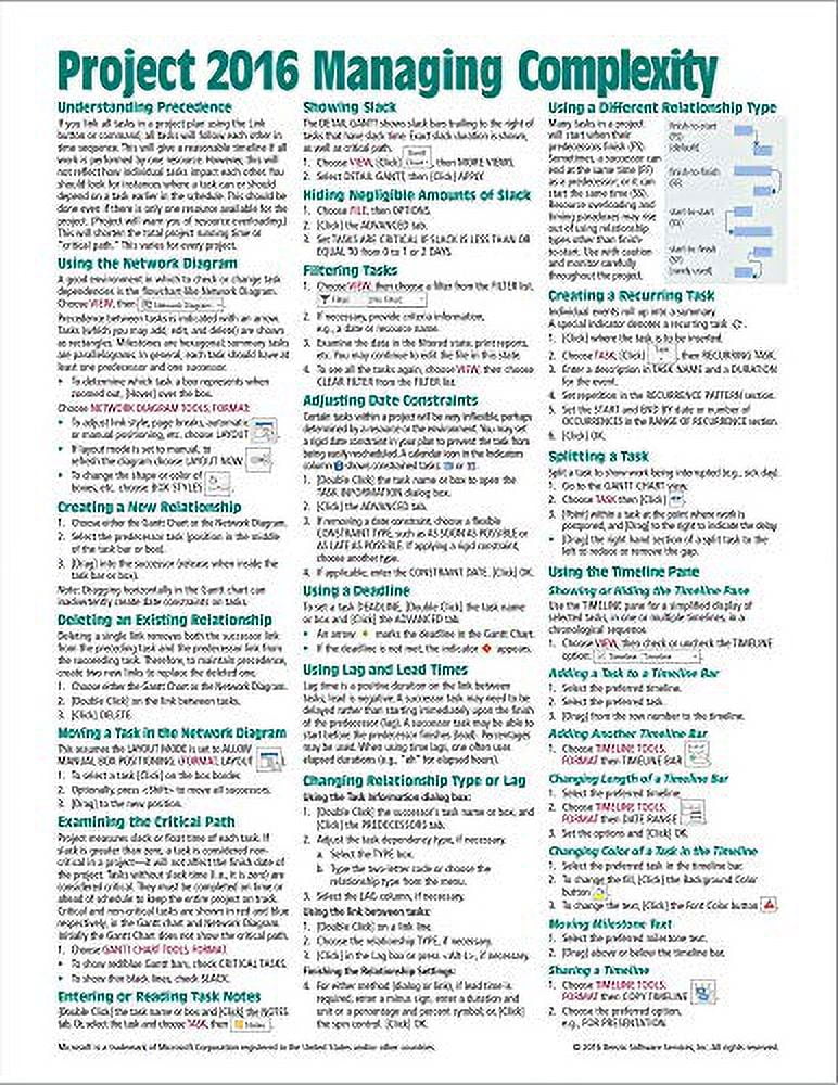 Pre-Owned Microsoft Project 2016 Quick Reference Guide Managing Complexity - Windows Version ...