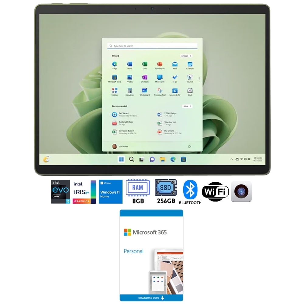 Microsoft QEZ00052 Surface Pro 9 13" Touch Tablet, Intel i5, 8GB/256GB, Forest Bundle with ...