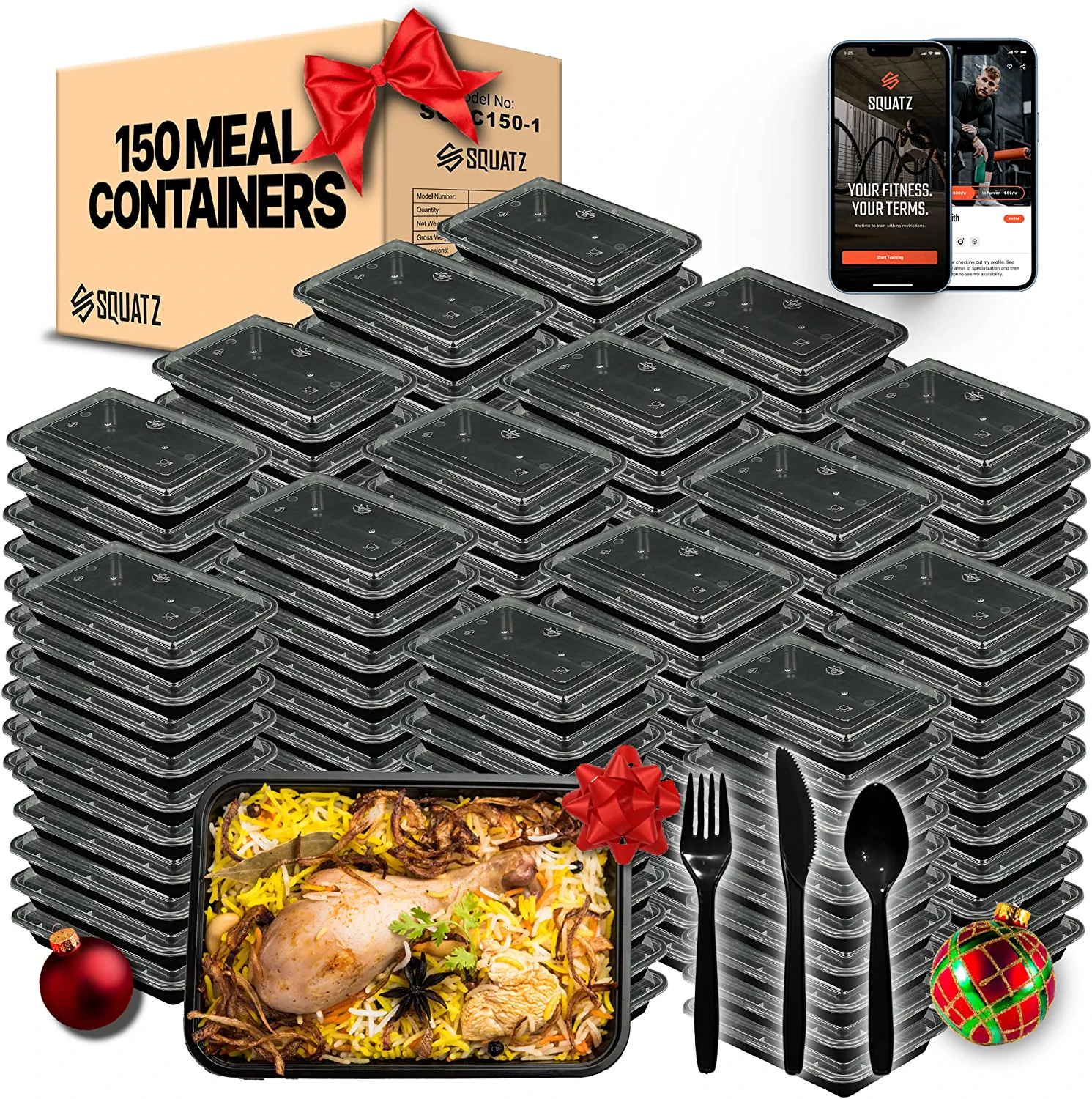 Microwavable Food Container with Utensil Set - Black Rectangular Meal ...