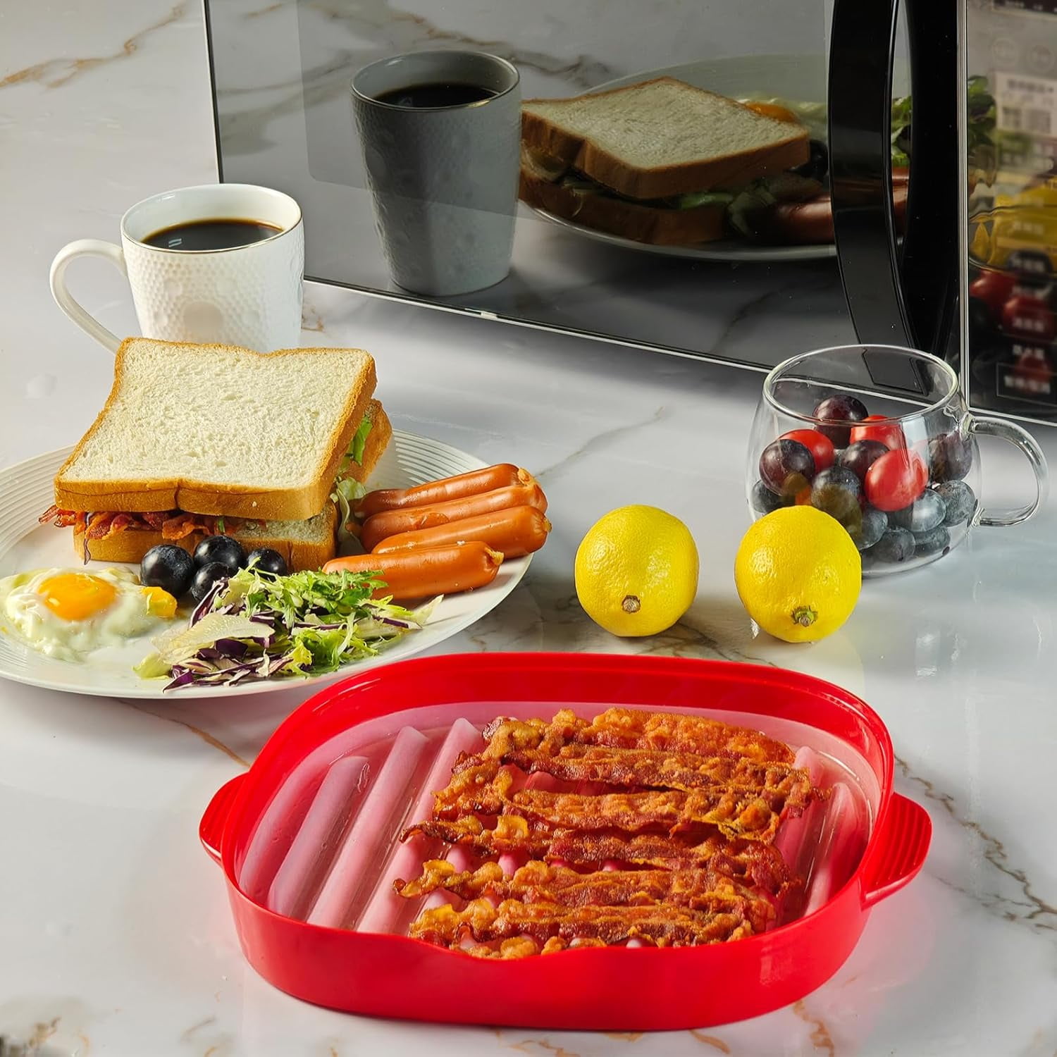 Microwave Bacon Cooker with Splatter Lid, 2Pcs Grilling Tray Set ...