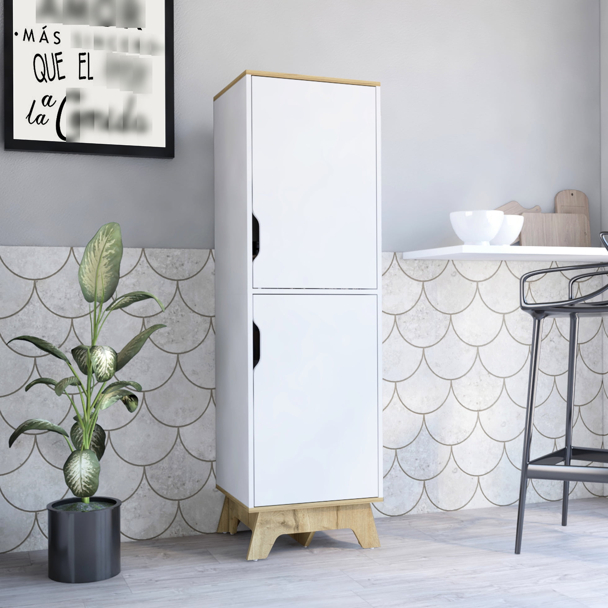 Microwave Cabinet With Tall Counter Surface In Oak & White - Double ...