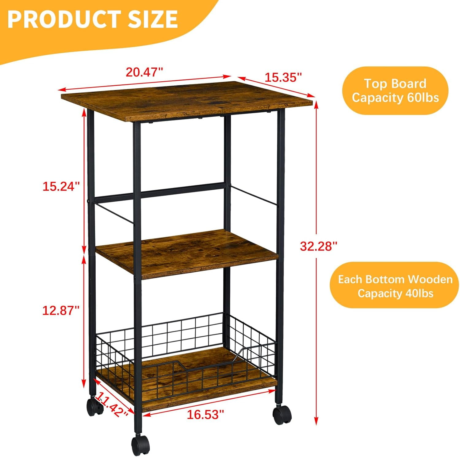 Microwave Cart with Storage, 3-Tier Rolling Kitchen Stand with Wire ...