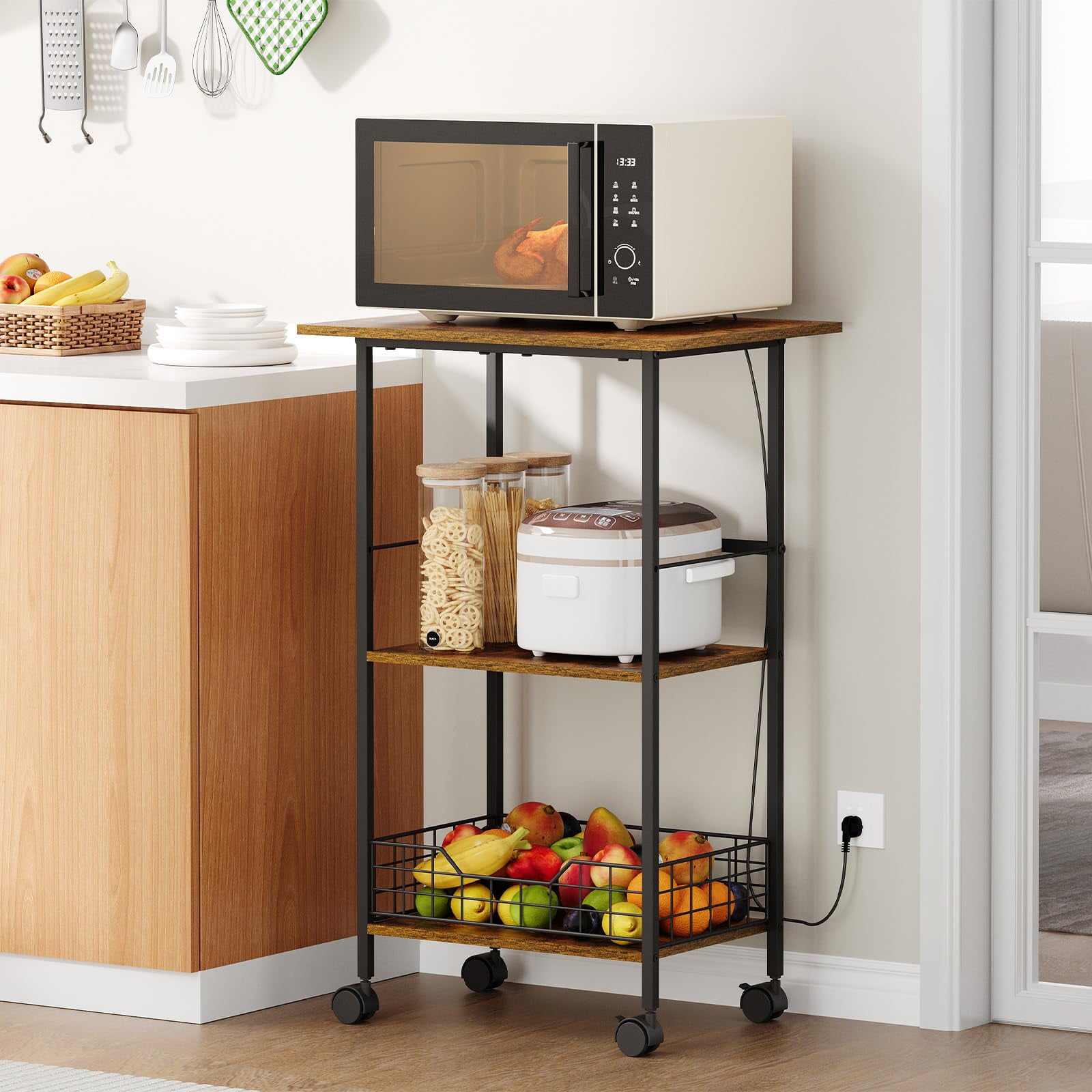 Microwave Cart Storage, 3-Tier Rolling Kitchen Stand Wire Basket, Wood ...