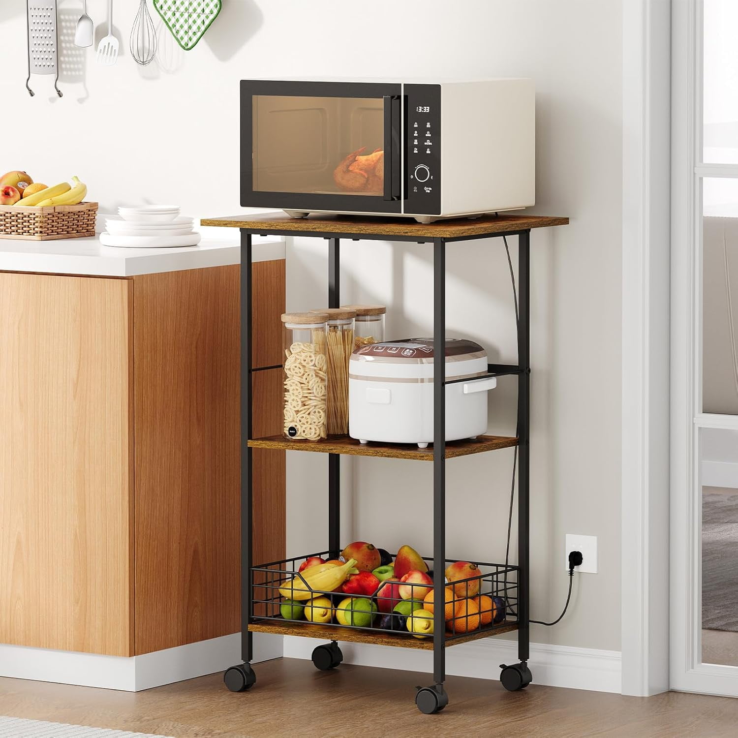 Microwave Cart with Storage, 3-Tier Rolling Kitchen Stand with Wire ...