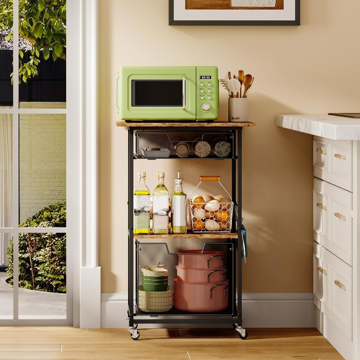 Microwave Kitchen Storage Cart with Drawers,Multifunctional Small Space ...