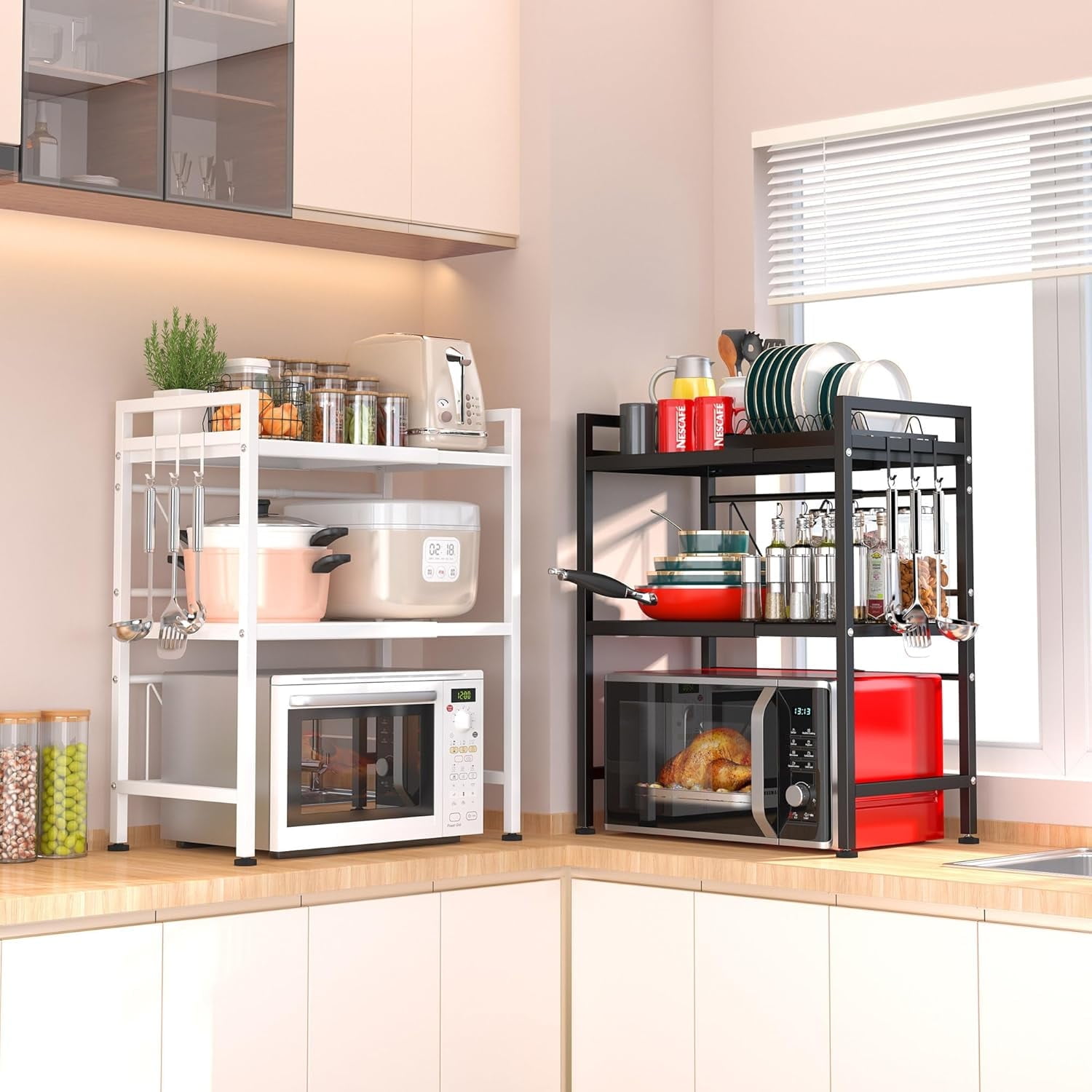 Microwave Oven Rack, Adjustable Heavy Duty 3-Tier Shelf with 3 Hooks ...