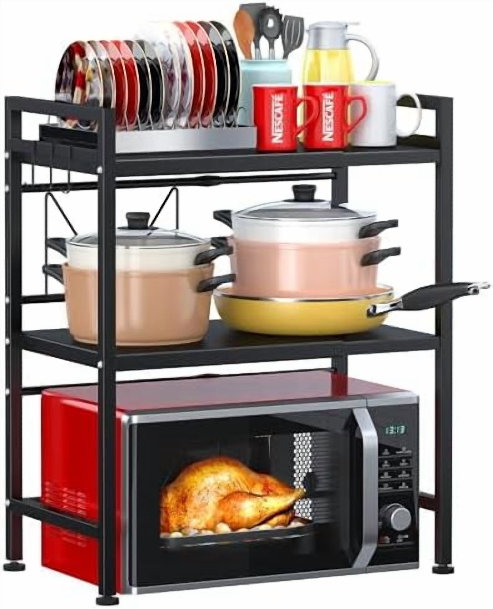 Microwave Oven Rack, Adjustable Heavy Duty 3-Tier Shelf with 3 Hooks ...