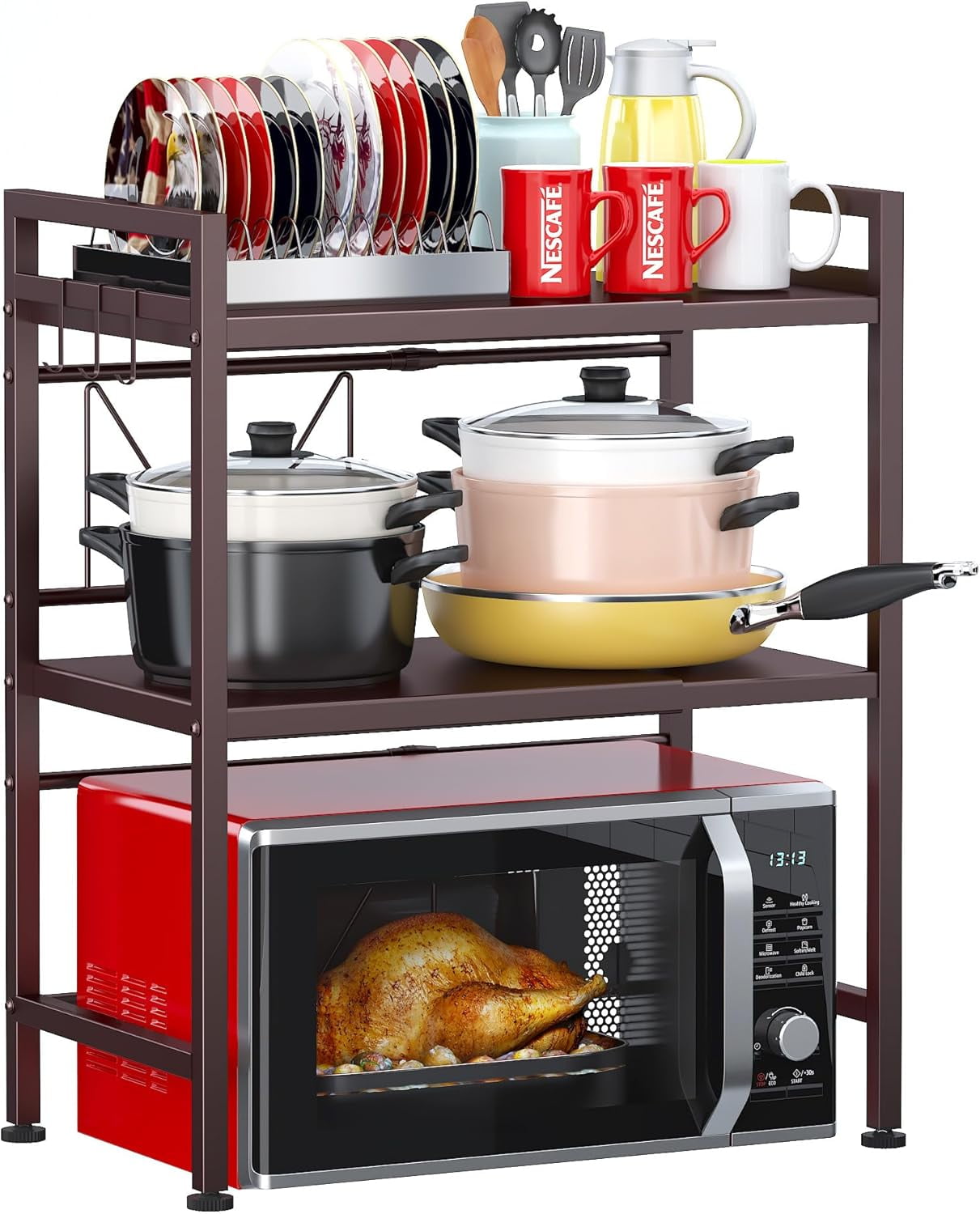 Microwave Oven Rack, Adjustable Heavy Duty 3-Tier Shelf with 3 Hooks ...