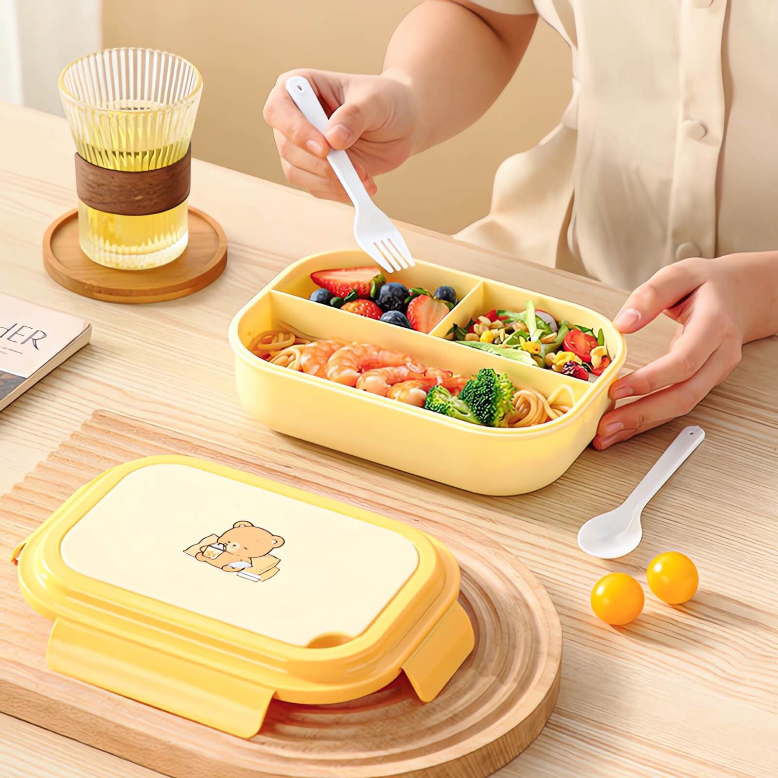 Microwave Safe Lunch Box with Cutlery Compartments - 900ml, Yellow ...