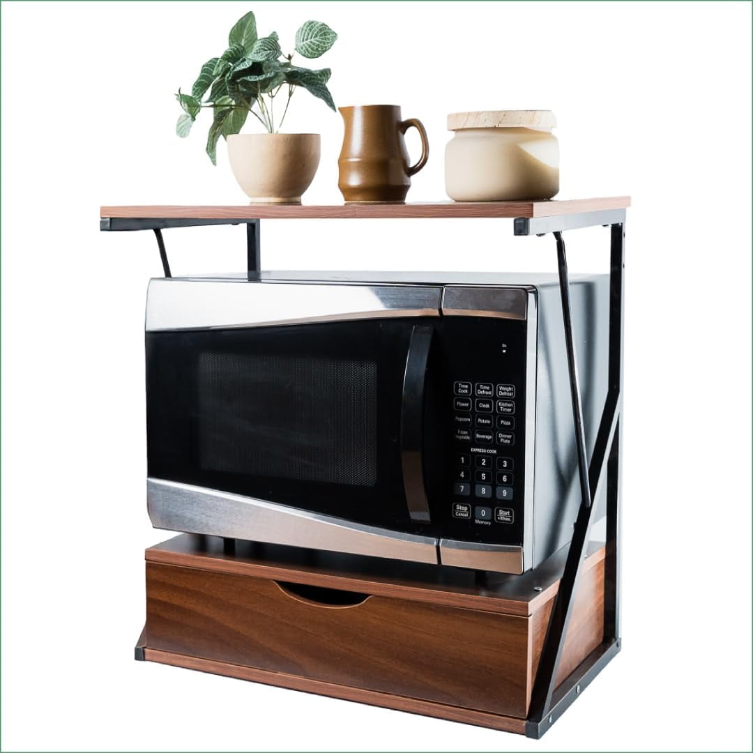 Microwave Shelf with Drawer - 2 Tier Durable Microwave Oven Rack ...