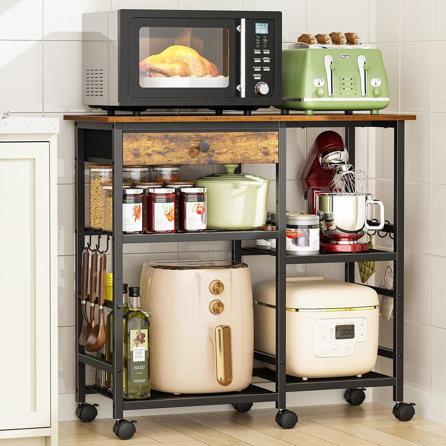 Microwave Stand, 6-Tier Microwave Cart with Wheels & Adjustable Shelf ...