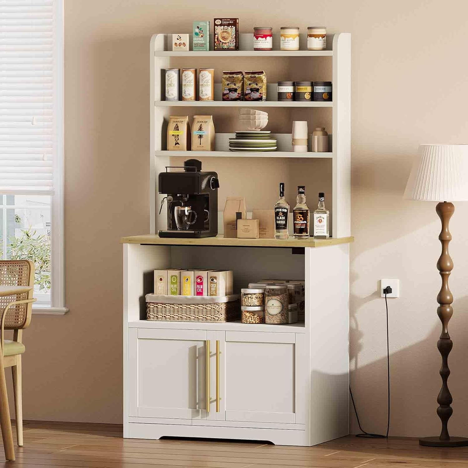 Microwave Stand Bakers Rack Cabinet, Farmhouse Bakers Rack with Power ...