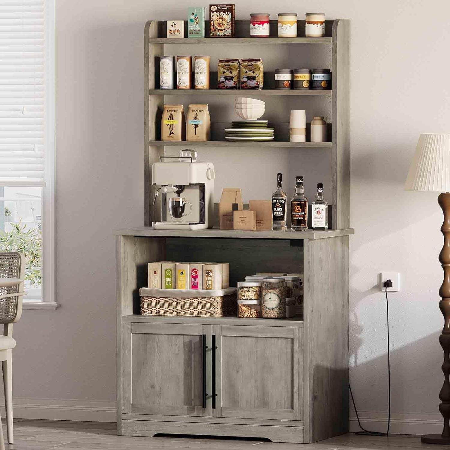 Microwave Stand Bakers Rack Cabinet, Farmhouse Bakers Rack with Power Outlet,Thickened Counter ...