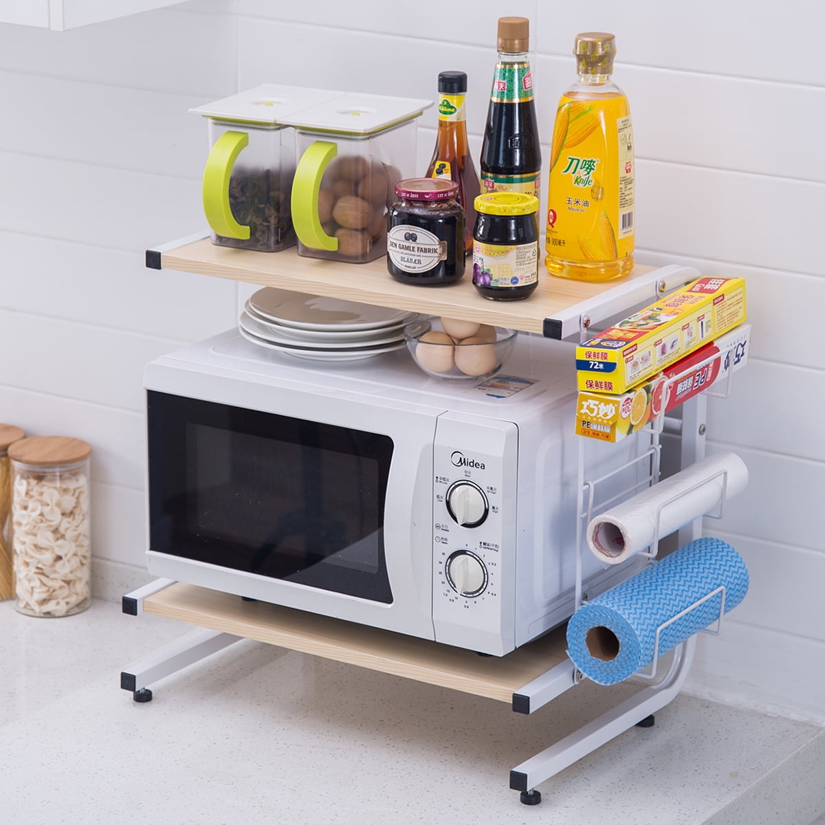 Microwave racks, countertop storage racks, ovens, spices, plastic wrap ...