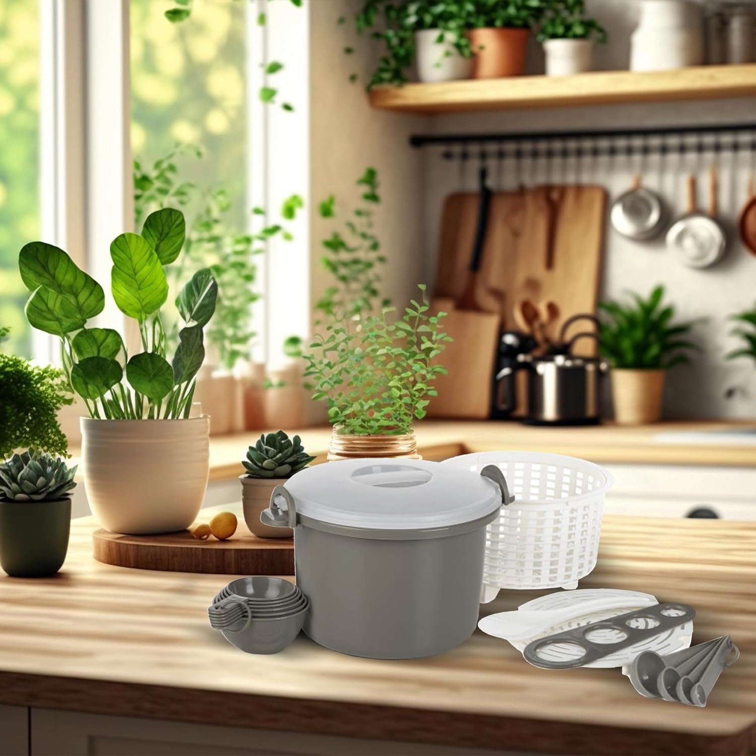 Microwaveable Rice and Pasta Cooker 17-Piece Set, 12-Cup Gray with ...