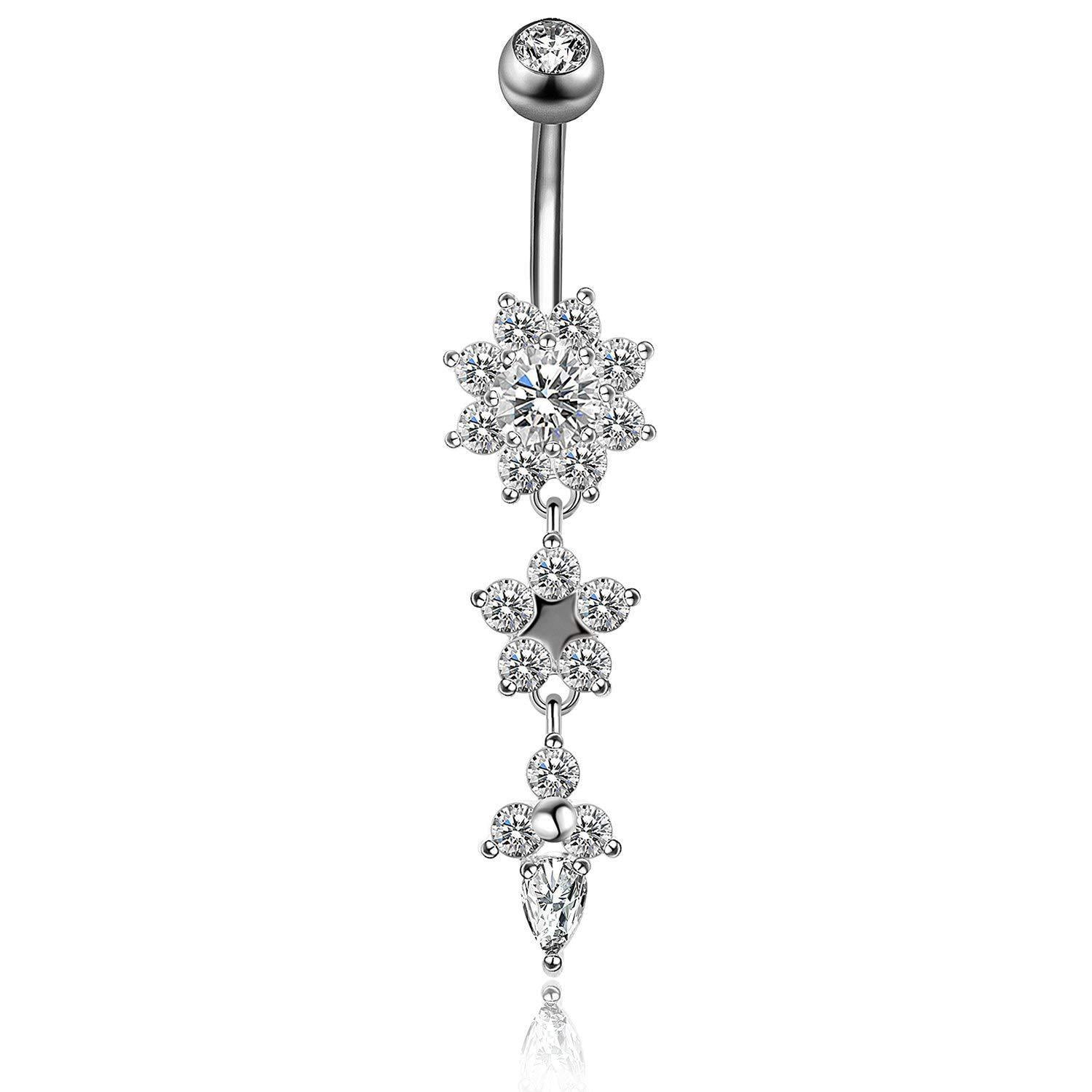 Mictong navel ring, fashionable navel ring, rhinestone flower pendant ...