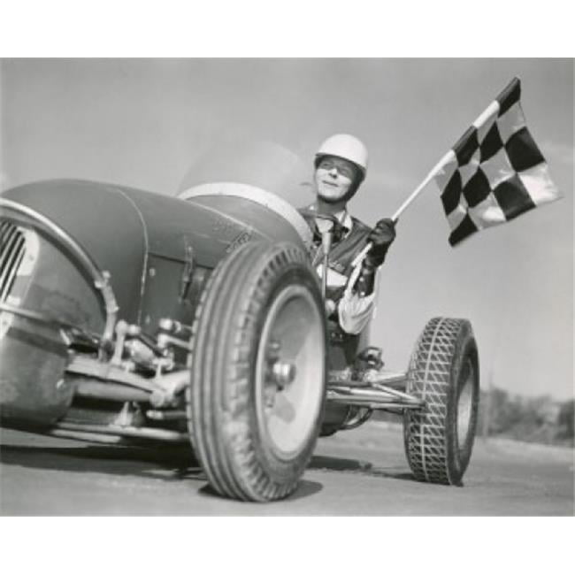 Mid Adult Man Driving a Car & Holding a Checkered Flag Poster Print ...
