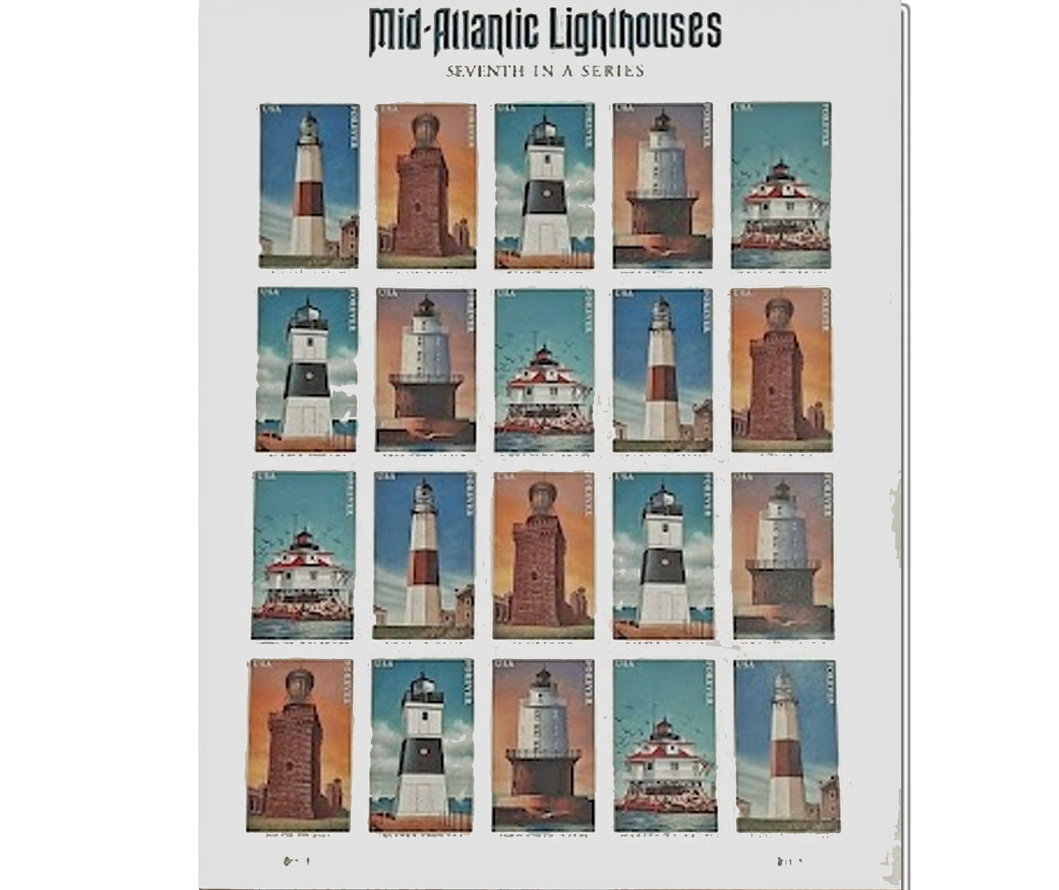 USPS Mid Atlantic Lighthouses Forever Postage Stamps, 1 Sheet, 20 ...