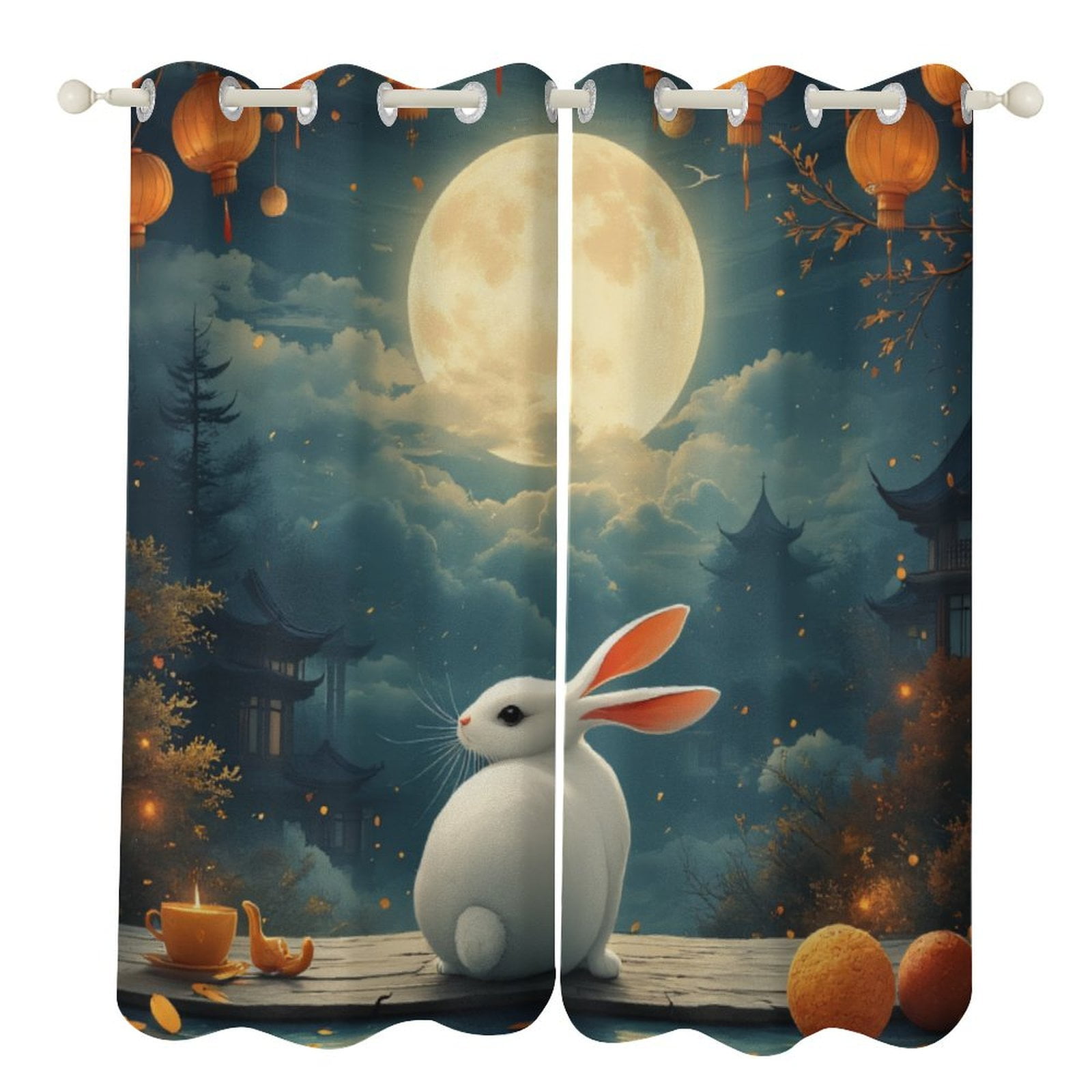 Mid-Autumn Festival Rabbit And Lanterns 2 Panels Curtains for Bedroom ...