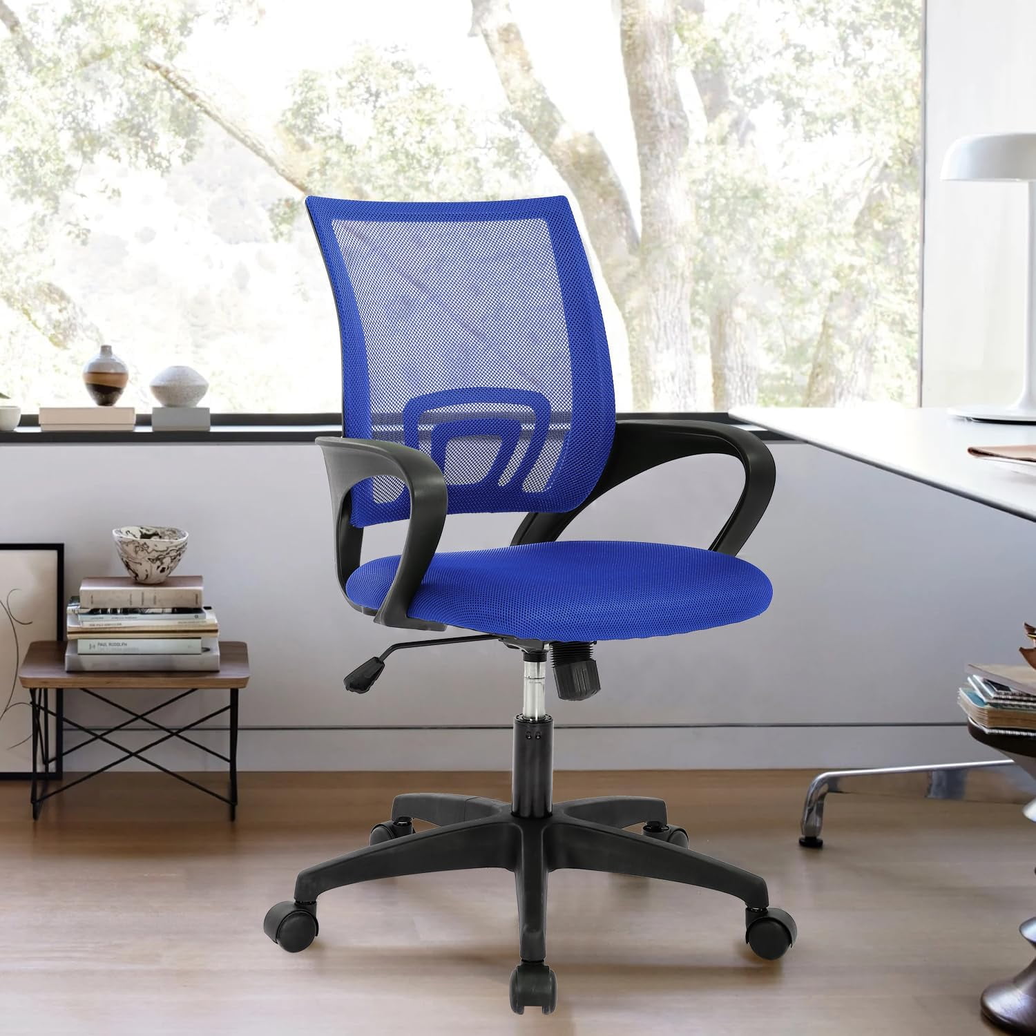 Mid Back Computer Chair, Ergonomic Office Chair with Wheels & Lumbar Support, Adjustable Rolling ...