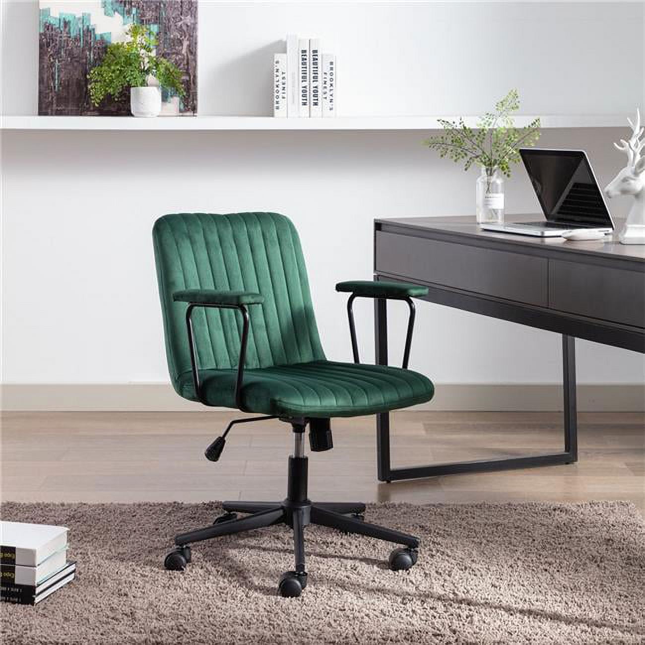 Mid-Back Desk Chair, Green Velvet Executive Swivel Office Chair, Arm ...