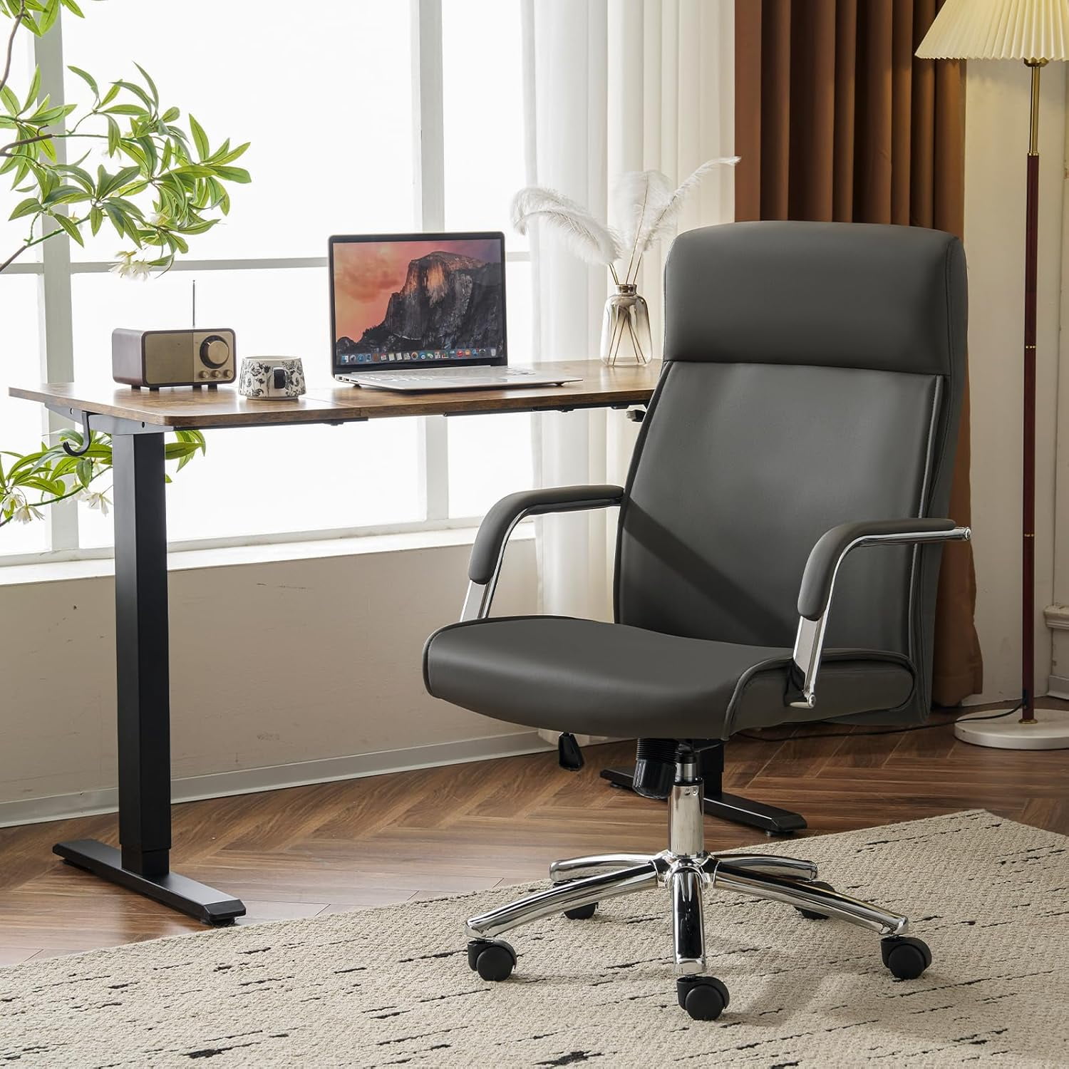 Mid-Back Ergonomic Leather Office Chair, Modern Upholstered Executive ...