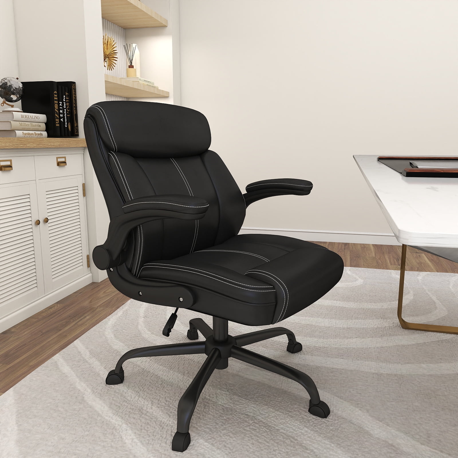Mid-Back Executive Office Chair, Black PU Leather, Lumbar and Head ...
