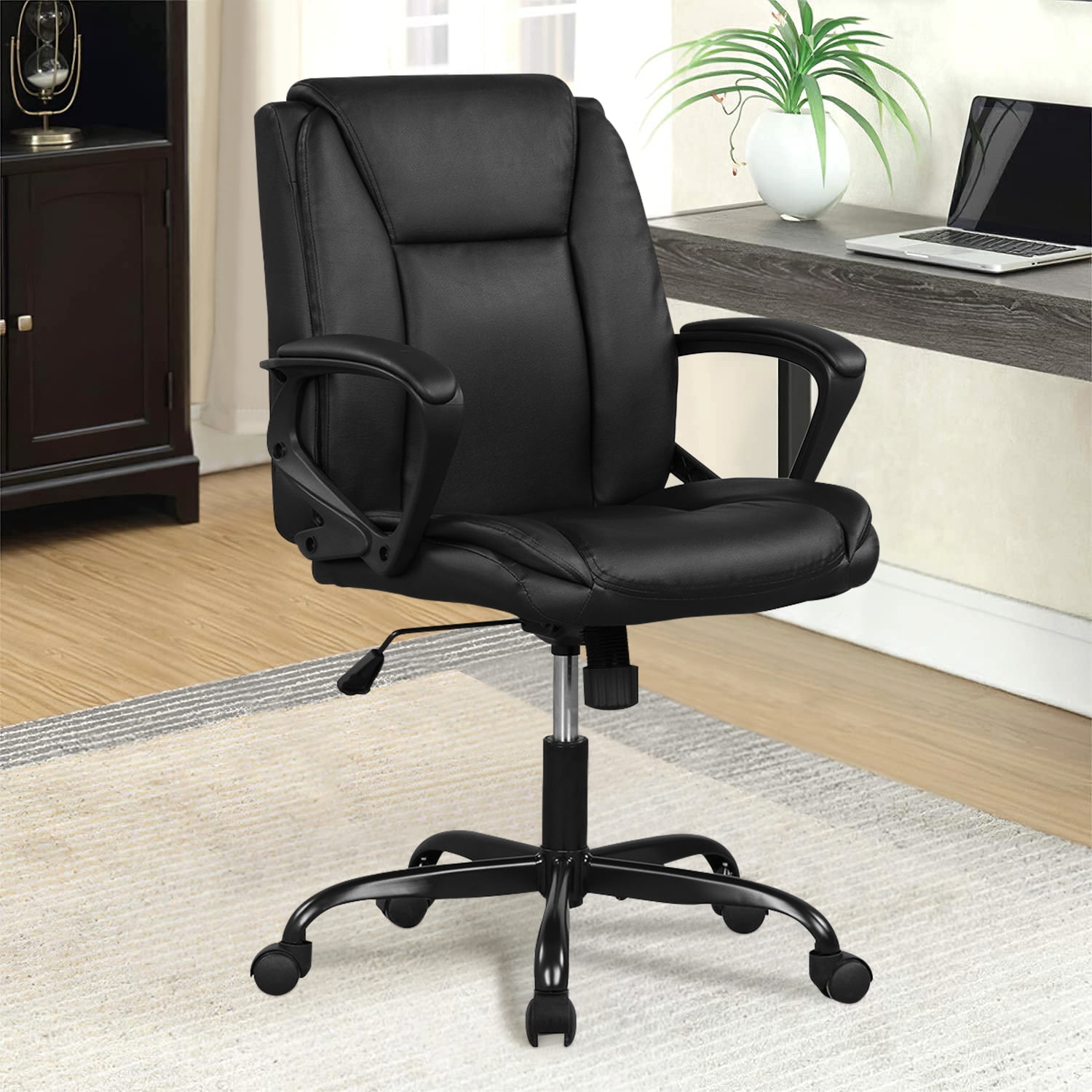 Mid Back Leather Office Chair Ergonomic Desk Chair Adjustable Computer ...