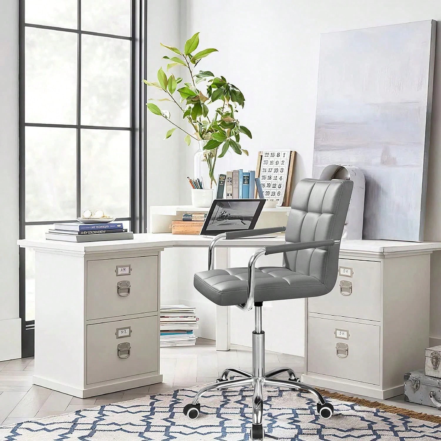 Mid-Back Office Task Chair,Ribbed PU Leather Executive Swivel Office ...