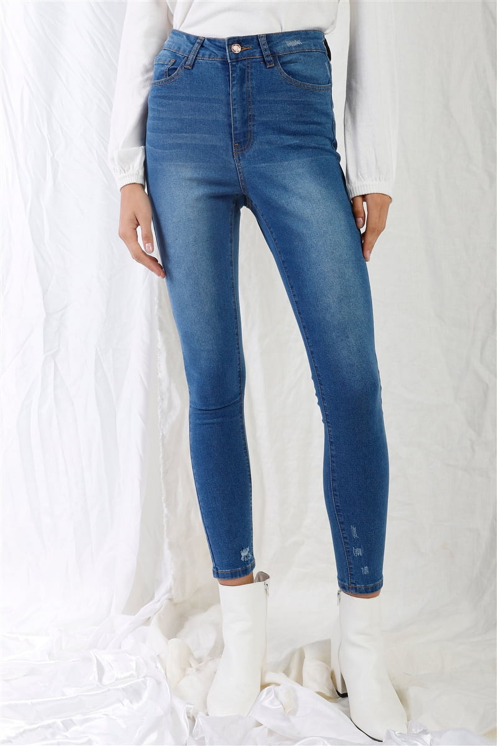 Mid Blue High-waisted With Rips Skinny Denim Jeans - Walmart.com